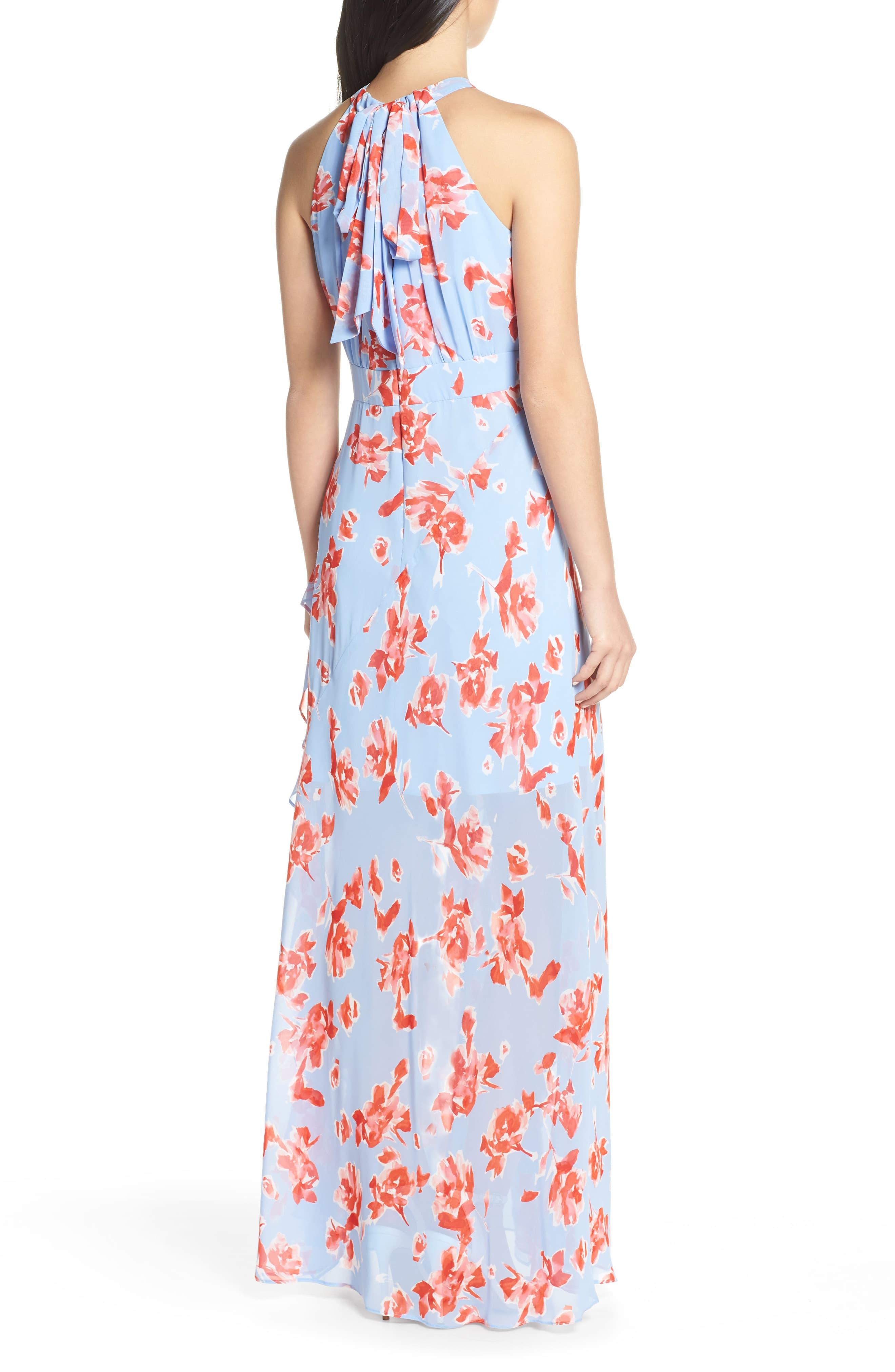 Eliza J Halter Neck Ruffled Slit Front Floral Print Maxi Dress In Blue