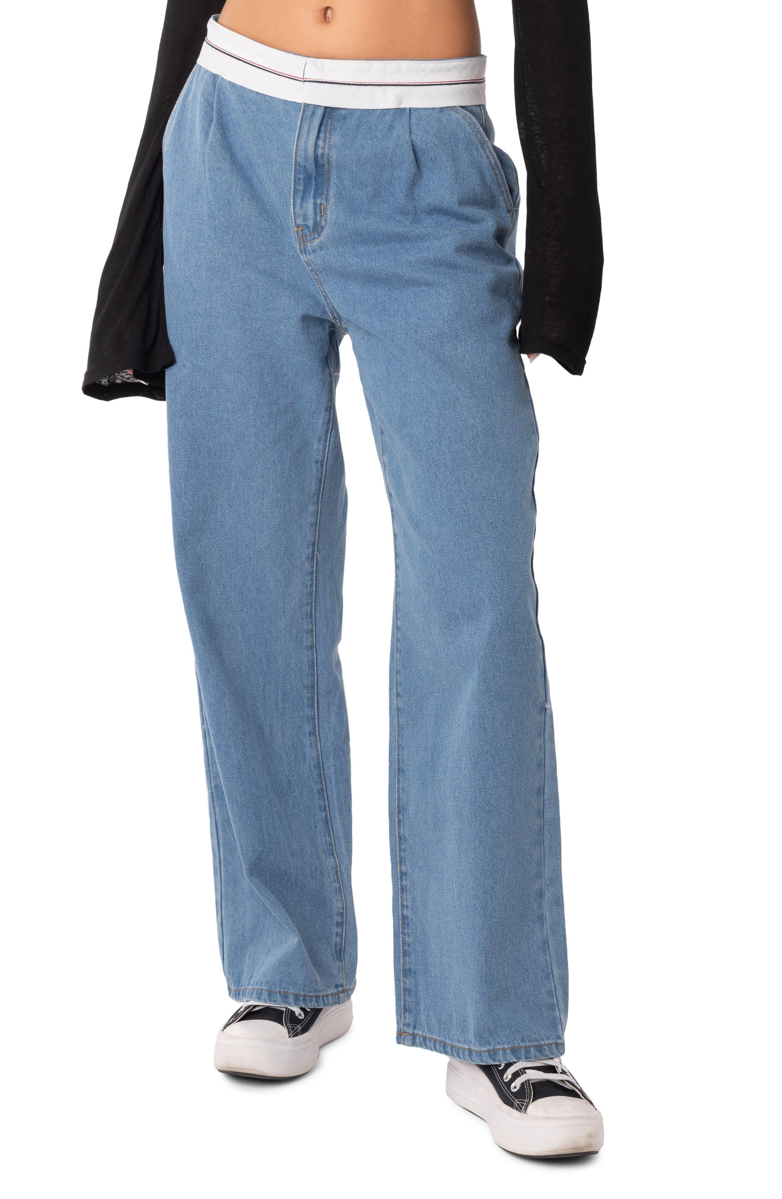 Edikted Thea Reverse Waist Low Rise Wide Leg Jeans in Blue | Lyst