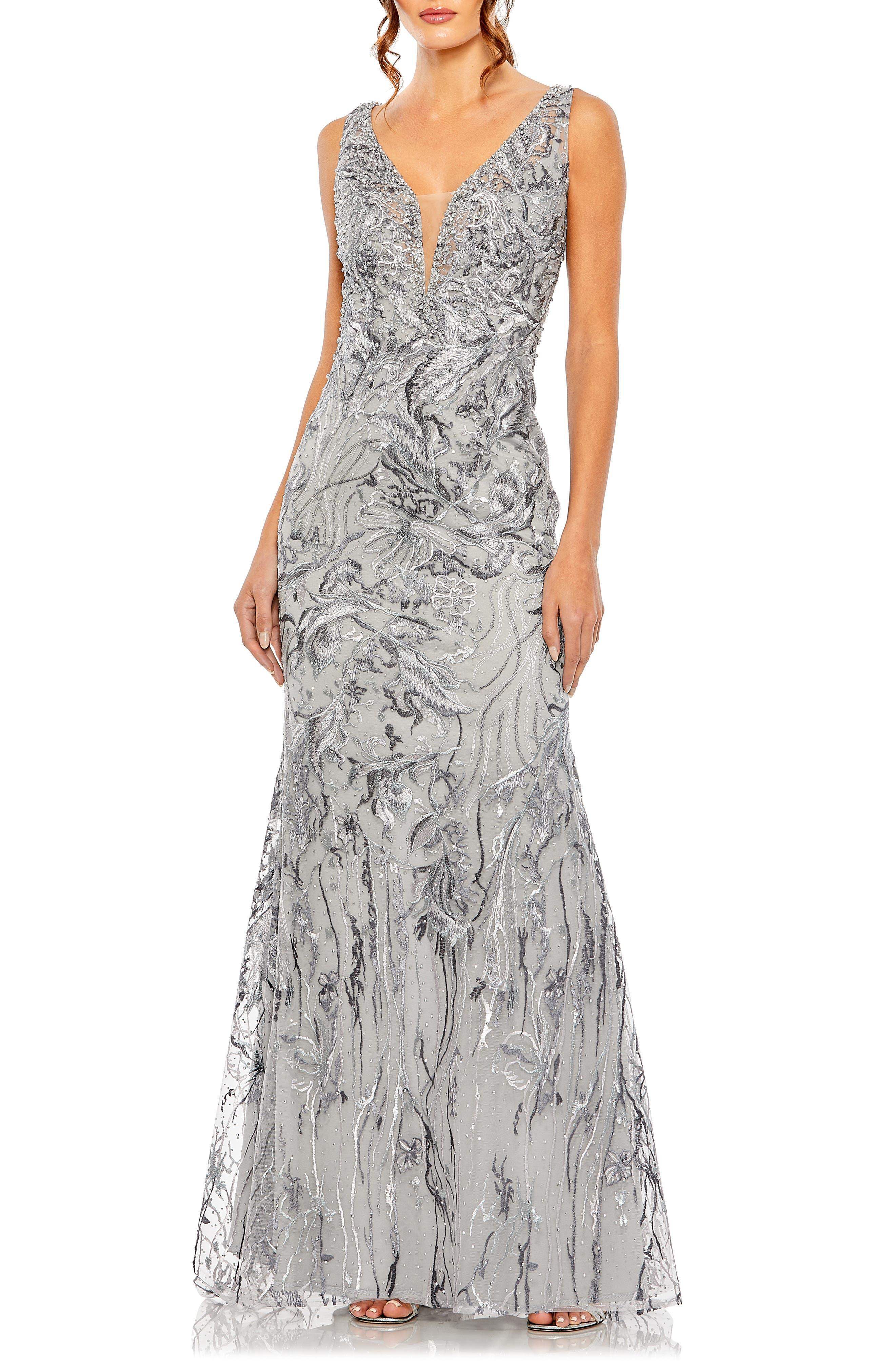 Mac Duggal Metallic Beaded Floral Embroidery Gown In Gray Lyst