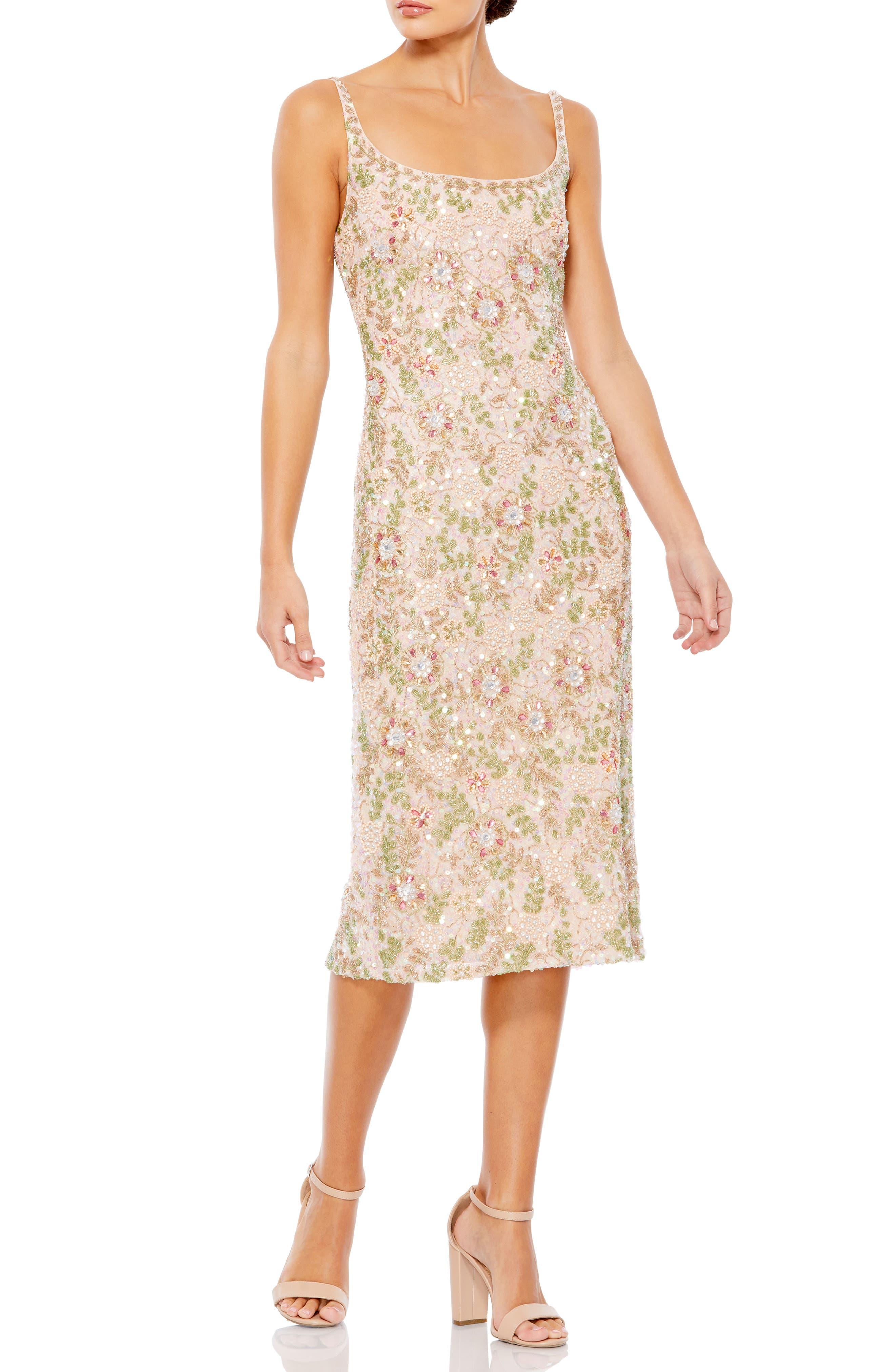 Mac Duggal Floral Beaded Midi Cocktail Dress In Natural Lyst