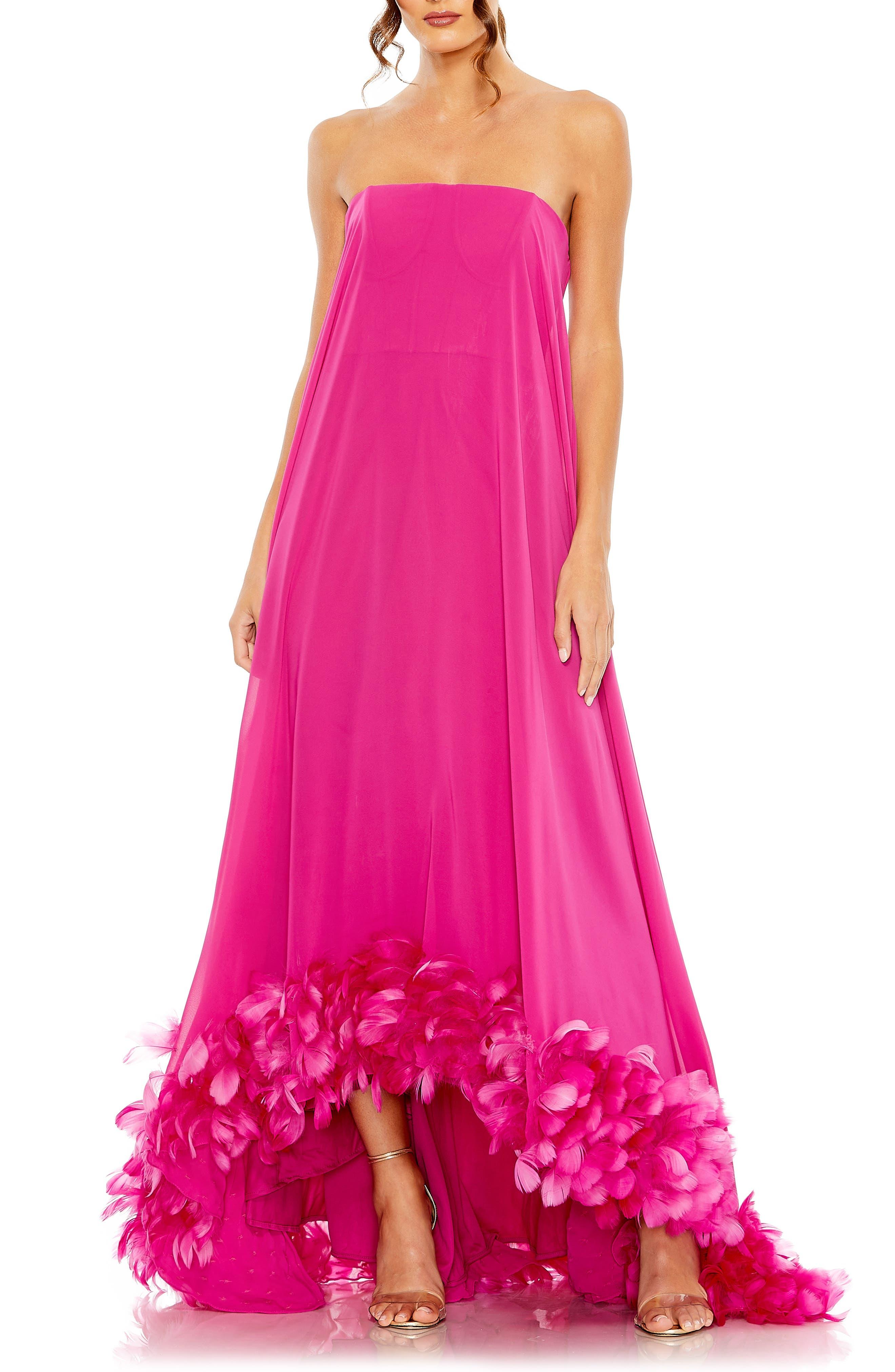 Mac Duggal Strapless Feather Hem High Low Gown In Pink Lyst
