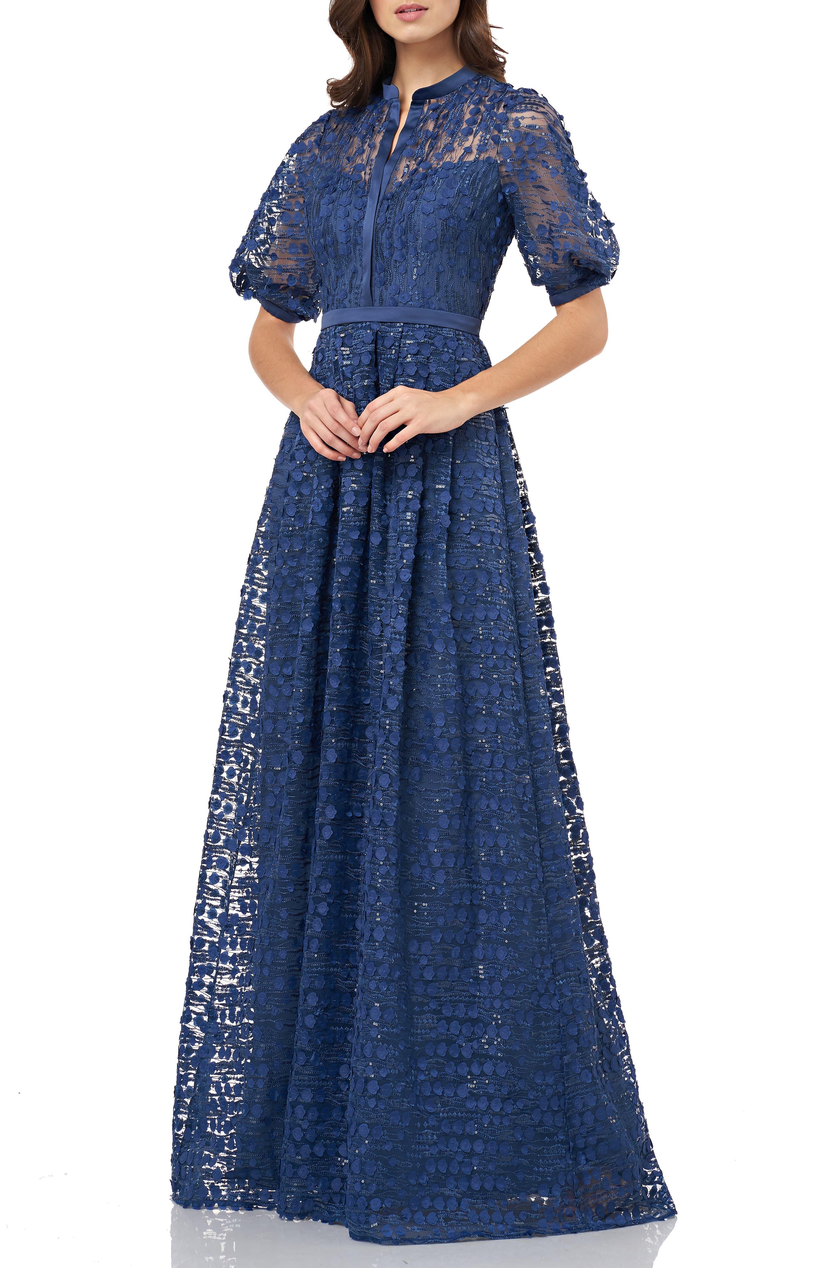 Carmen Marc Valvo 3d Mesh Gown In Blue Lyst