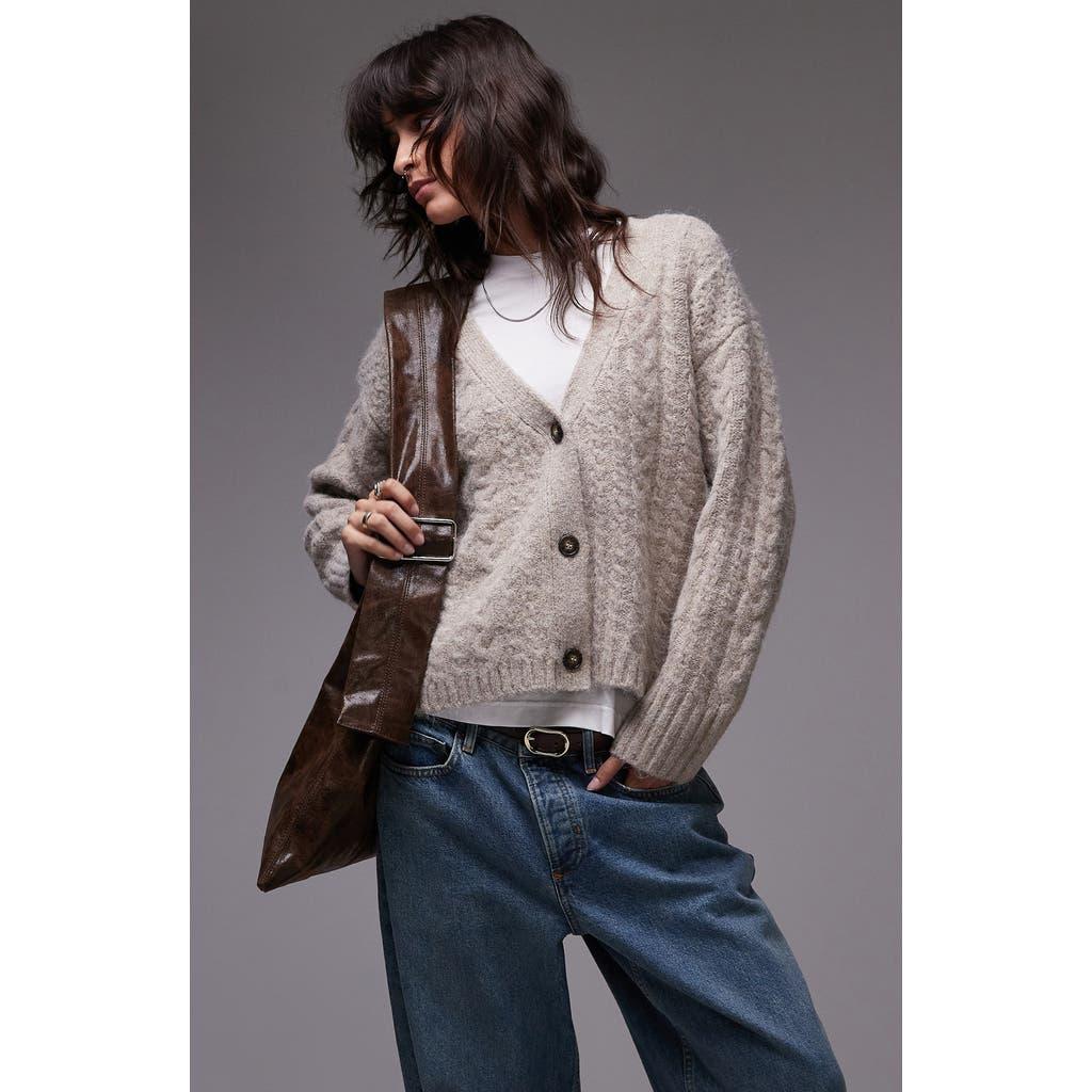 TOPSHOP Relaxed Cable Stitch Cardigan in Brown | Lyst