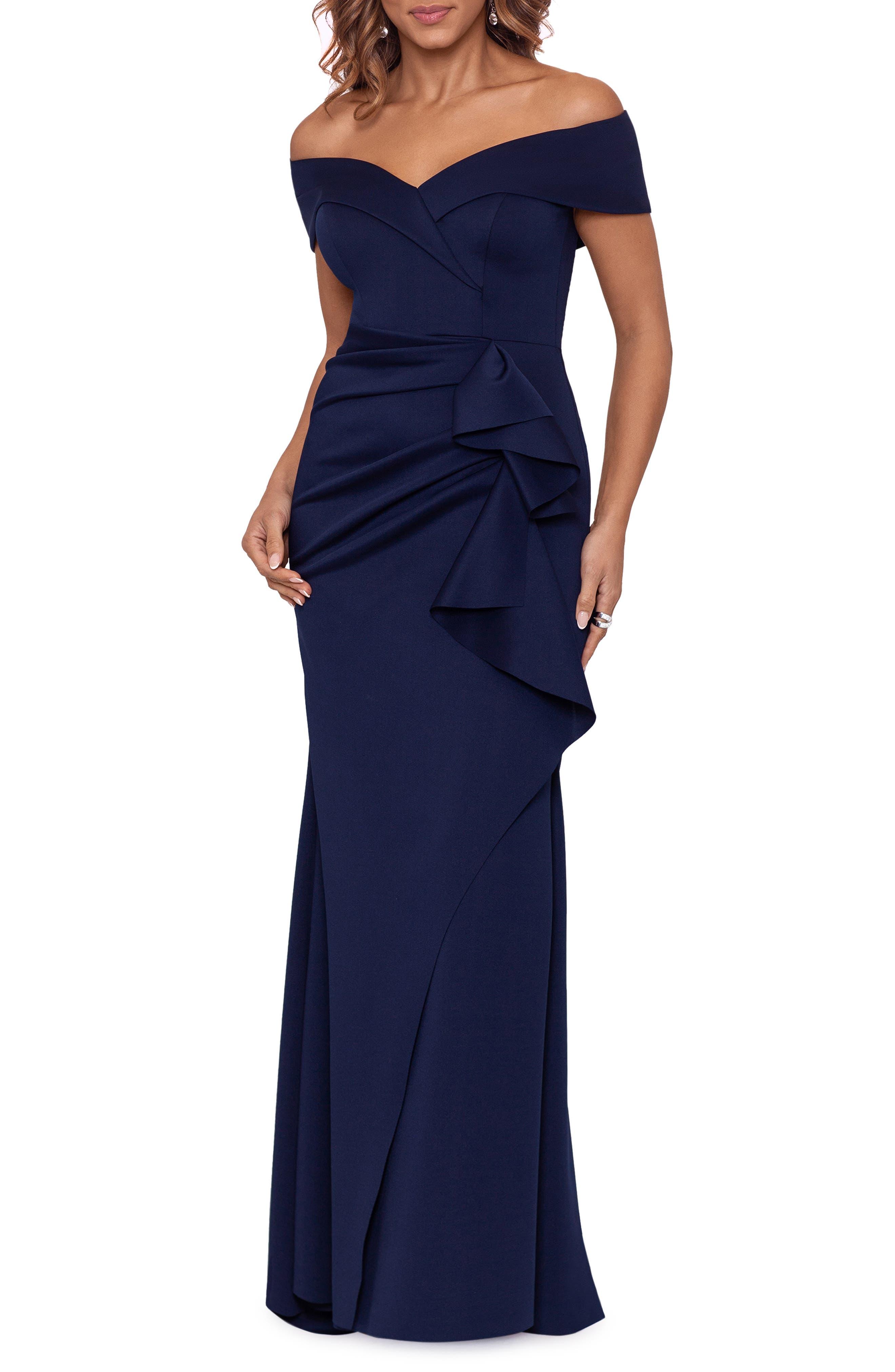 Xscape Off The Shoulder Ruffle Scuba Gown in Blue | Lyst Xscape Off The Shoulder Ruffle Scuba Gown in Blue | Lyst
