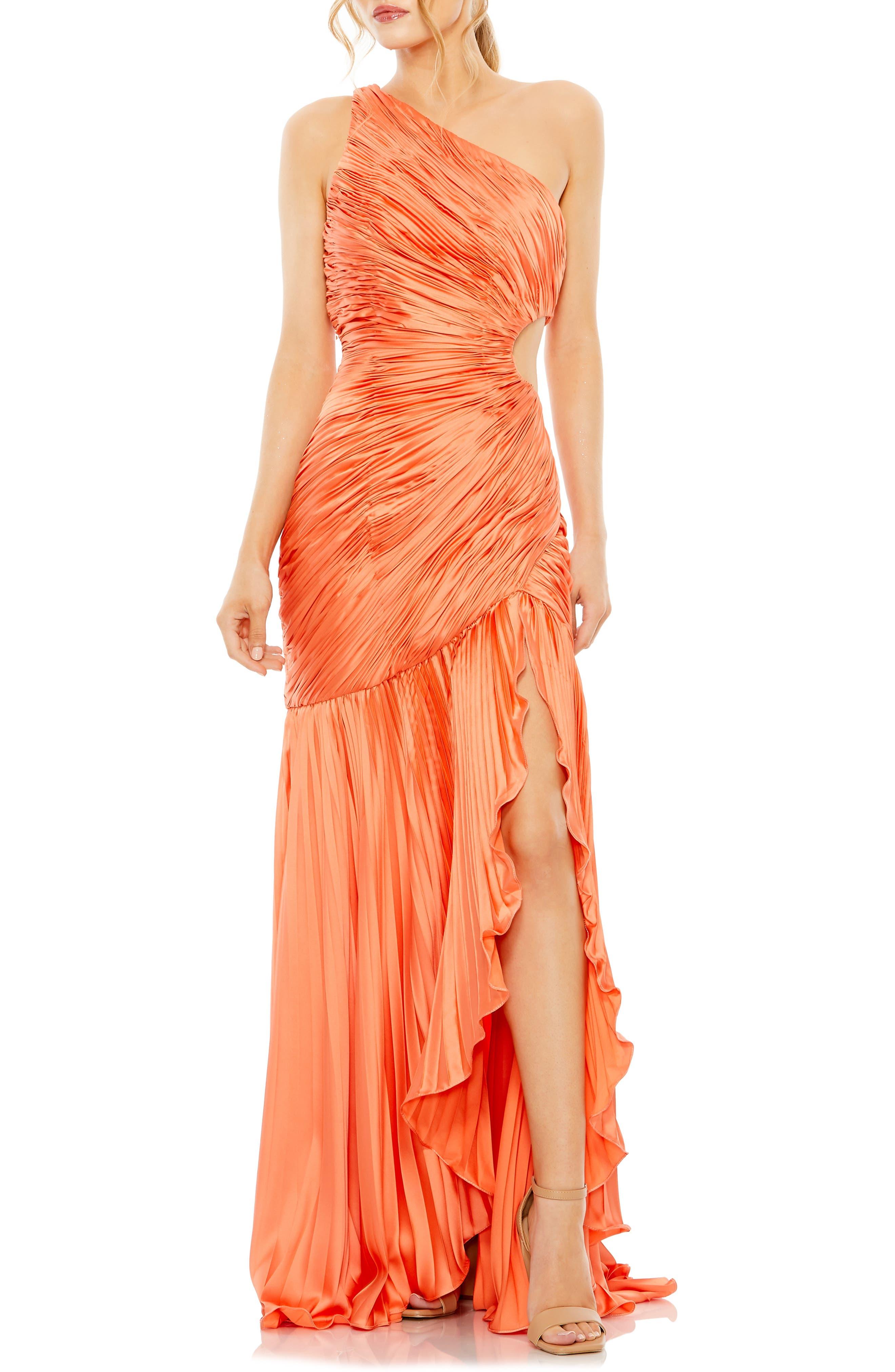 Mac Duggal Side Cutout Pleat One Shoulder Gown In Orange Lyst