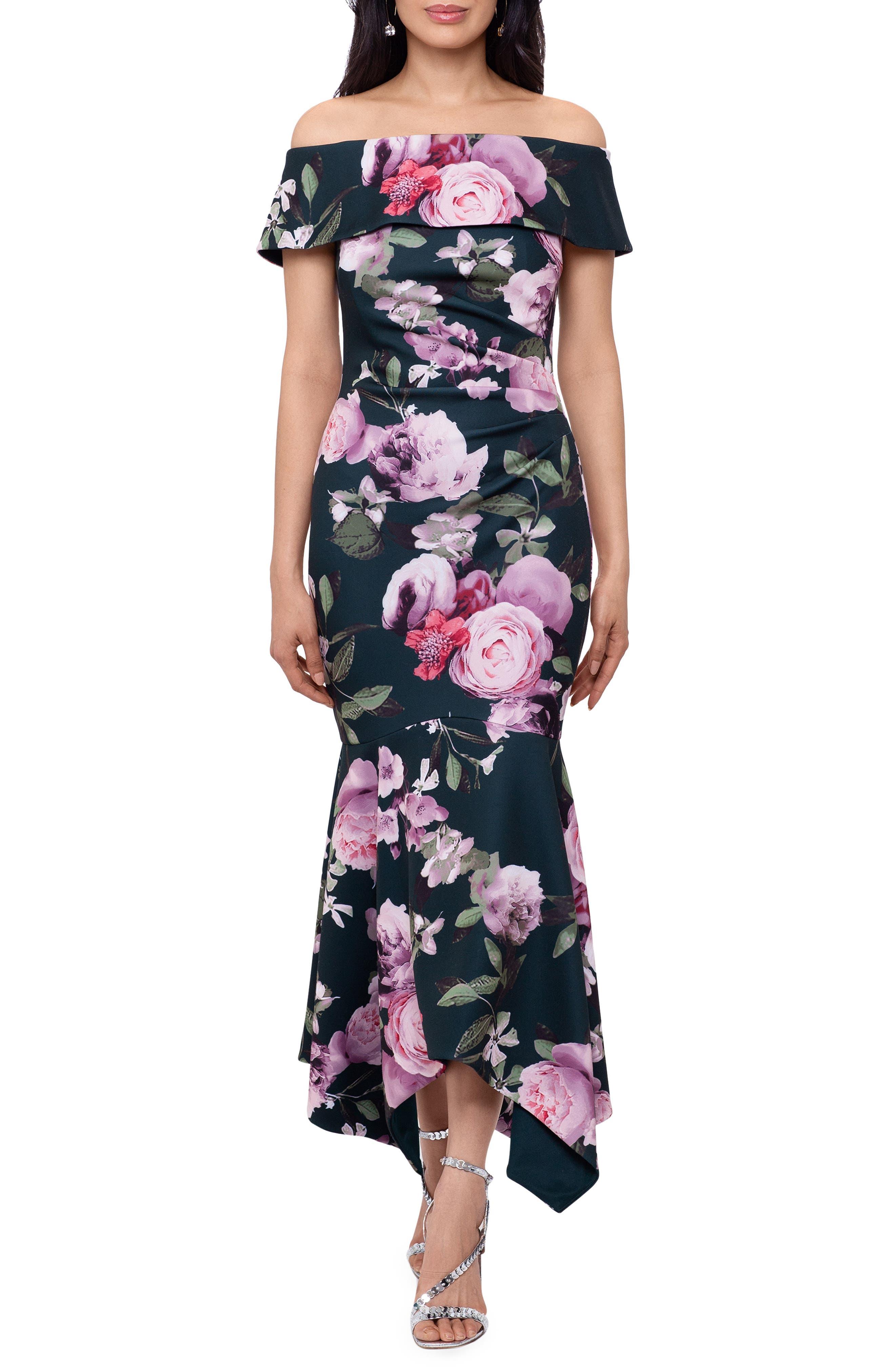 Xscape Floral Off The Shoulder High Low Midi Dress In Blue Lyst