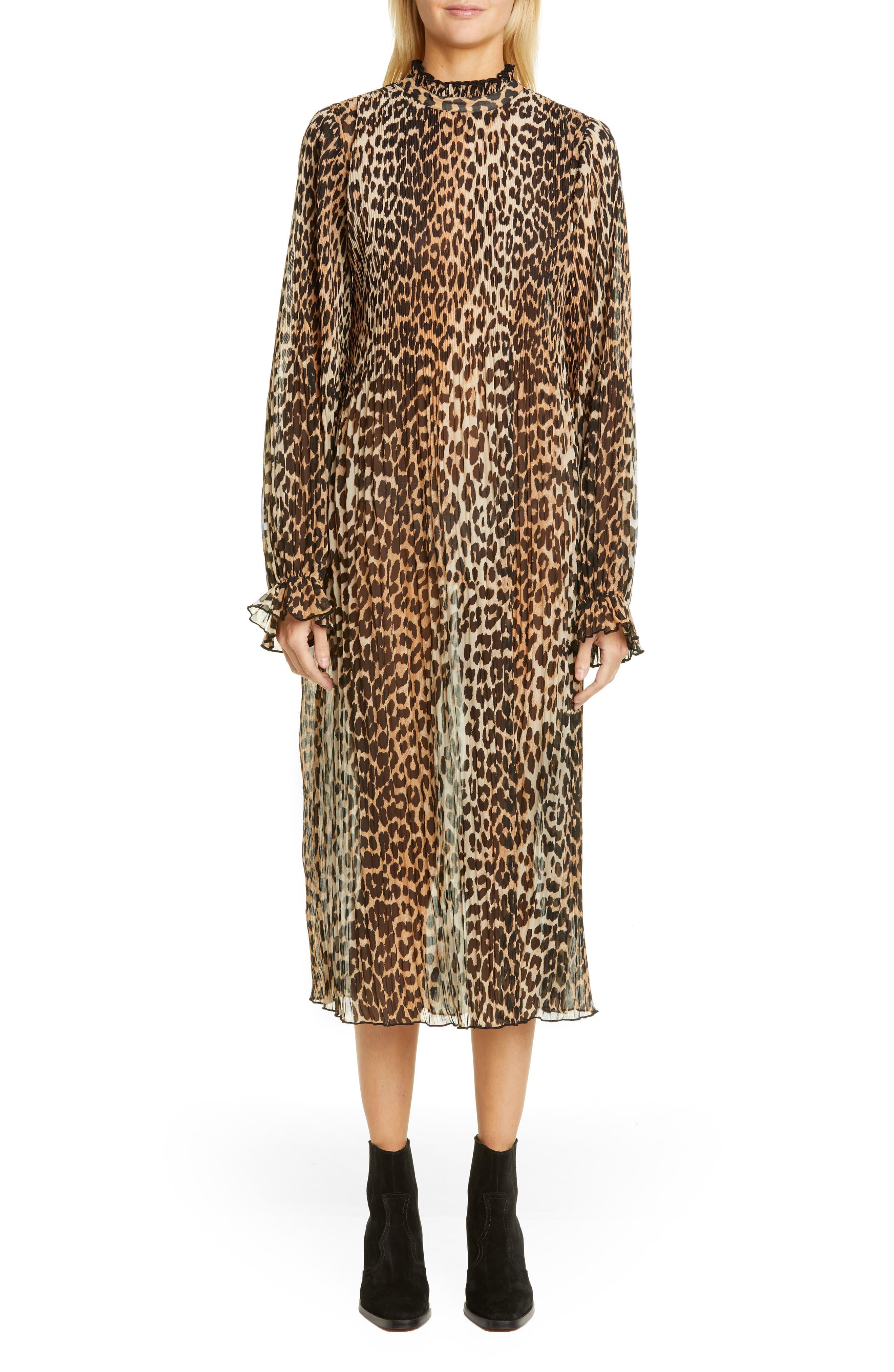 Ganni Leopard Print Sheer Georgette Long Sleeve Midi Dress - Lyst