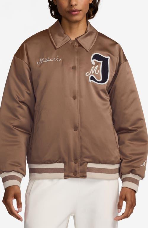 Nike Chenille Patch Satin Varsity Bomber Jacket in Brown | Lyst