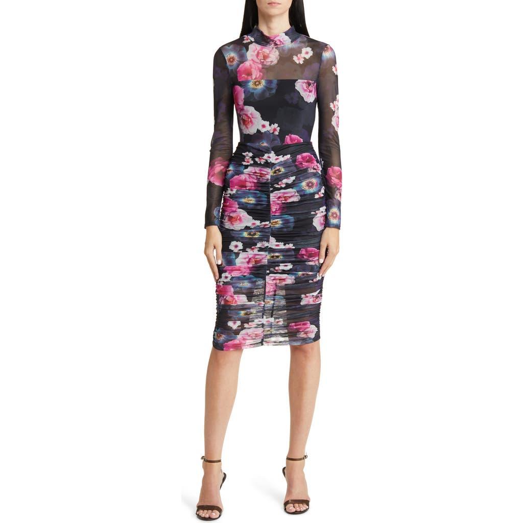 Bebe Floral Ruched Mesh Long Sleeve Midi Dress in Blue | Lyst