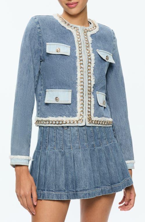 Alice + Olivia Landon Crop Denim Jacket With Curb Chain Trim in Blue | Lyst