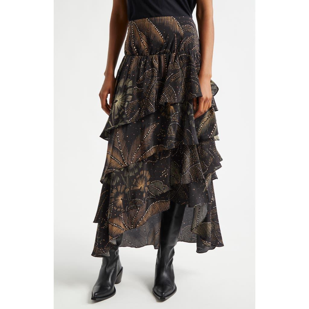FARM Rio Golden Foliage Layered Ruffle Maxi Skirt in Black | Lyst