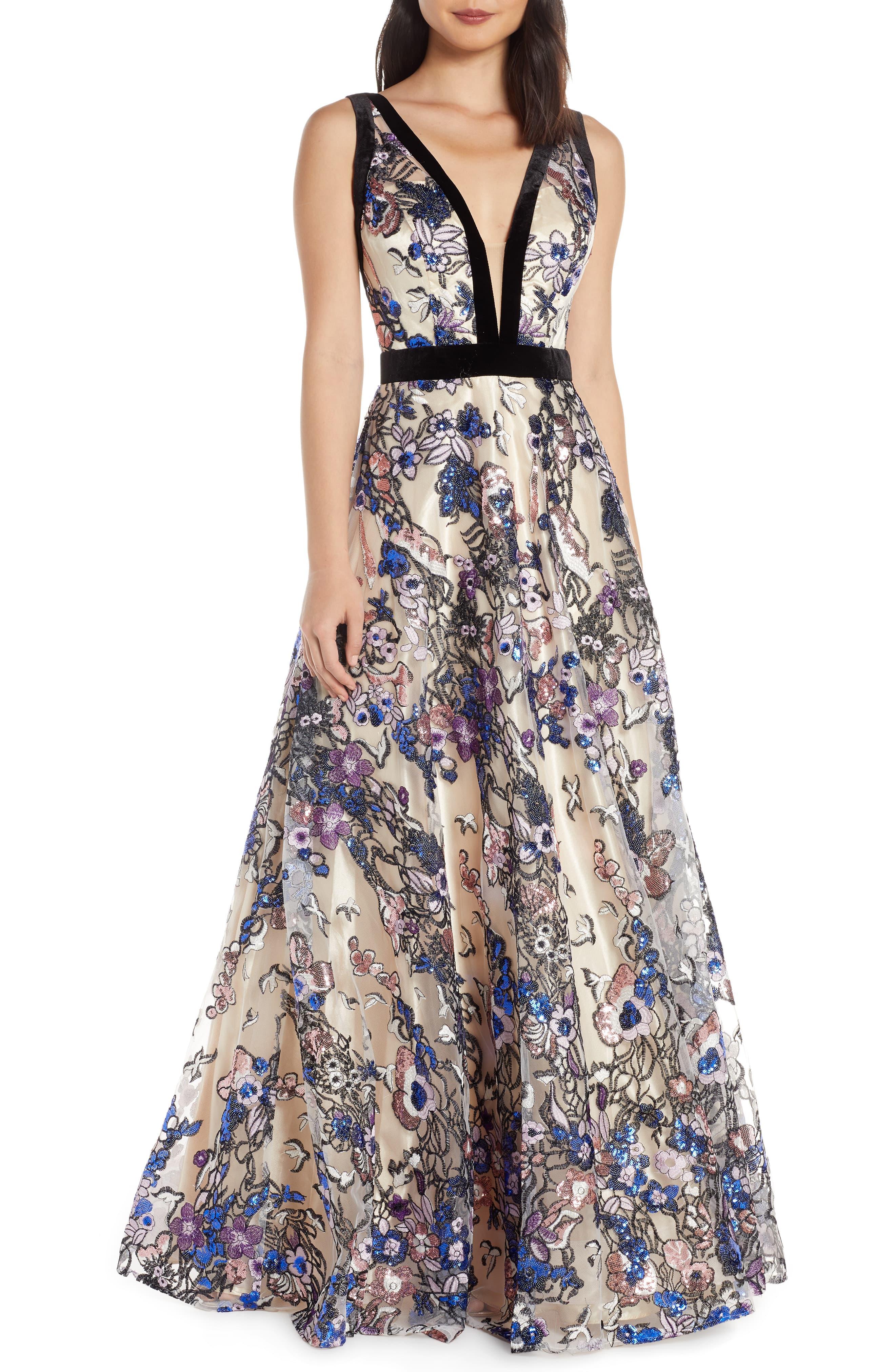 Mac Duggal Satin Plunging V Neck Floral Sequin Prom Dress In Blue Lyst