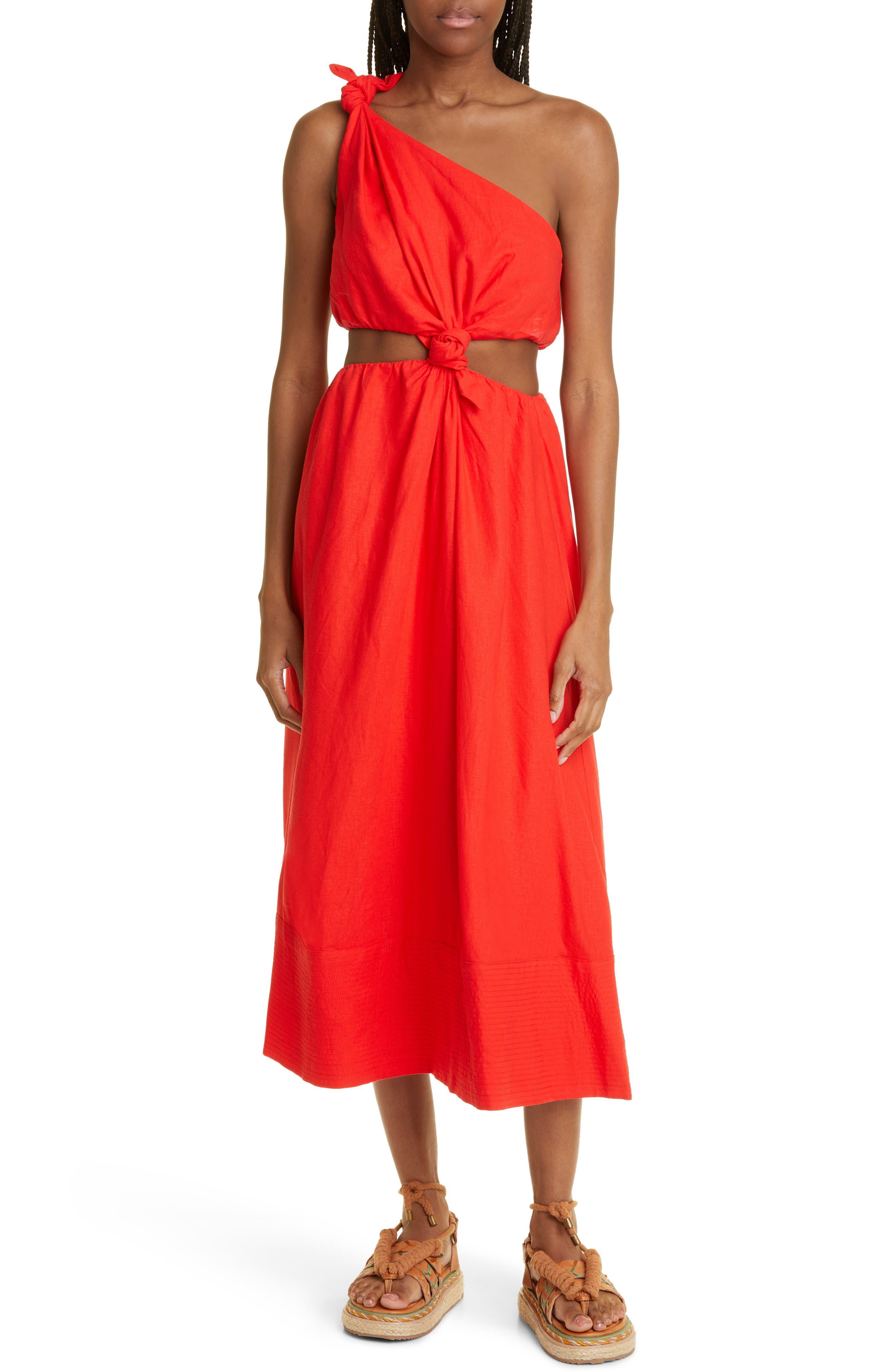FARM Rio One-shoulder Cutout Detail Linen Blend Dress in Red | Lyst