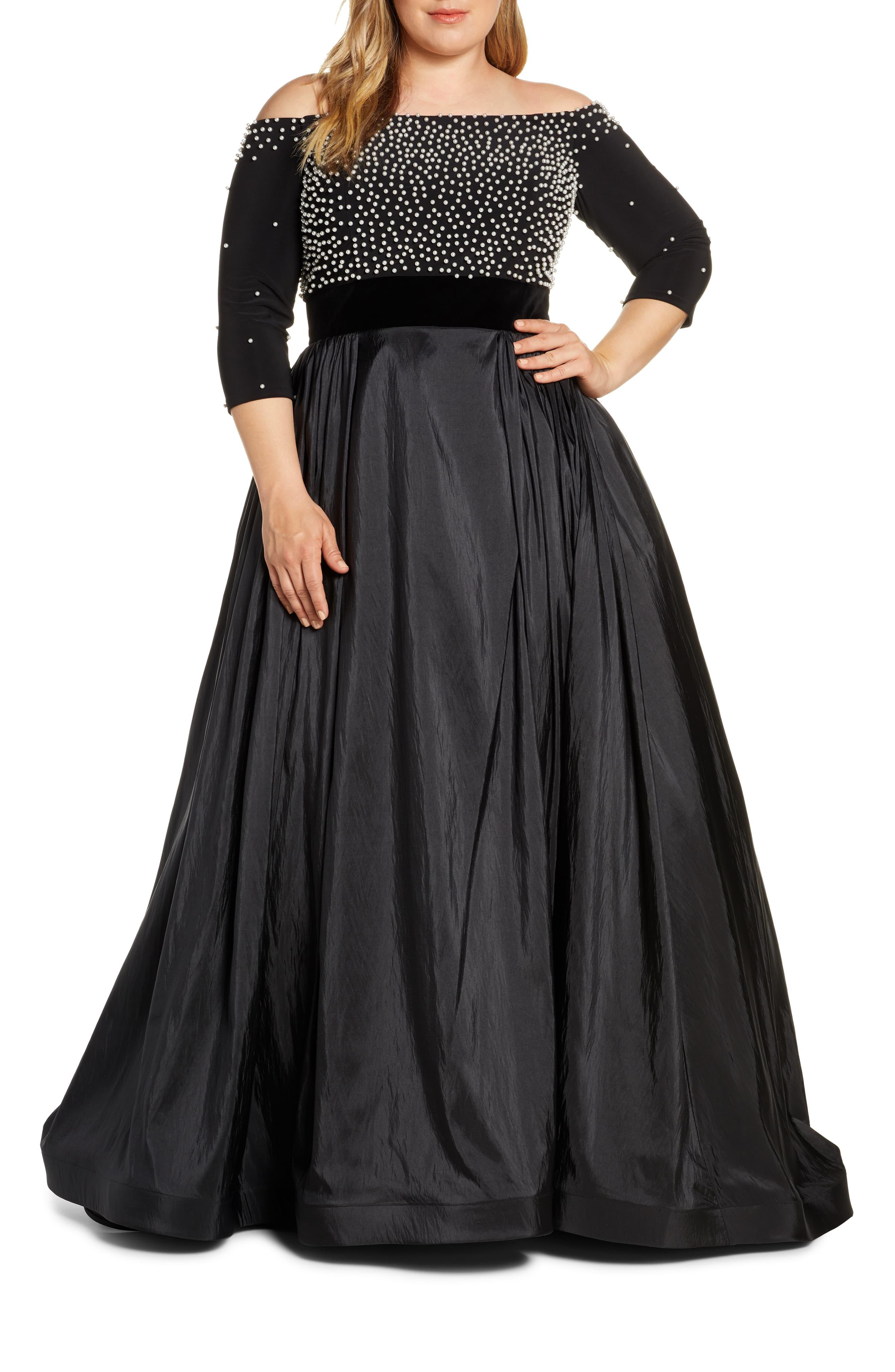 Mac Duggal Velvet Pearl Beaded Off The Shoulder Ballgown In Black Lyst