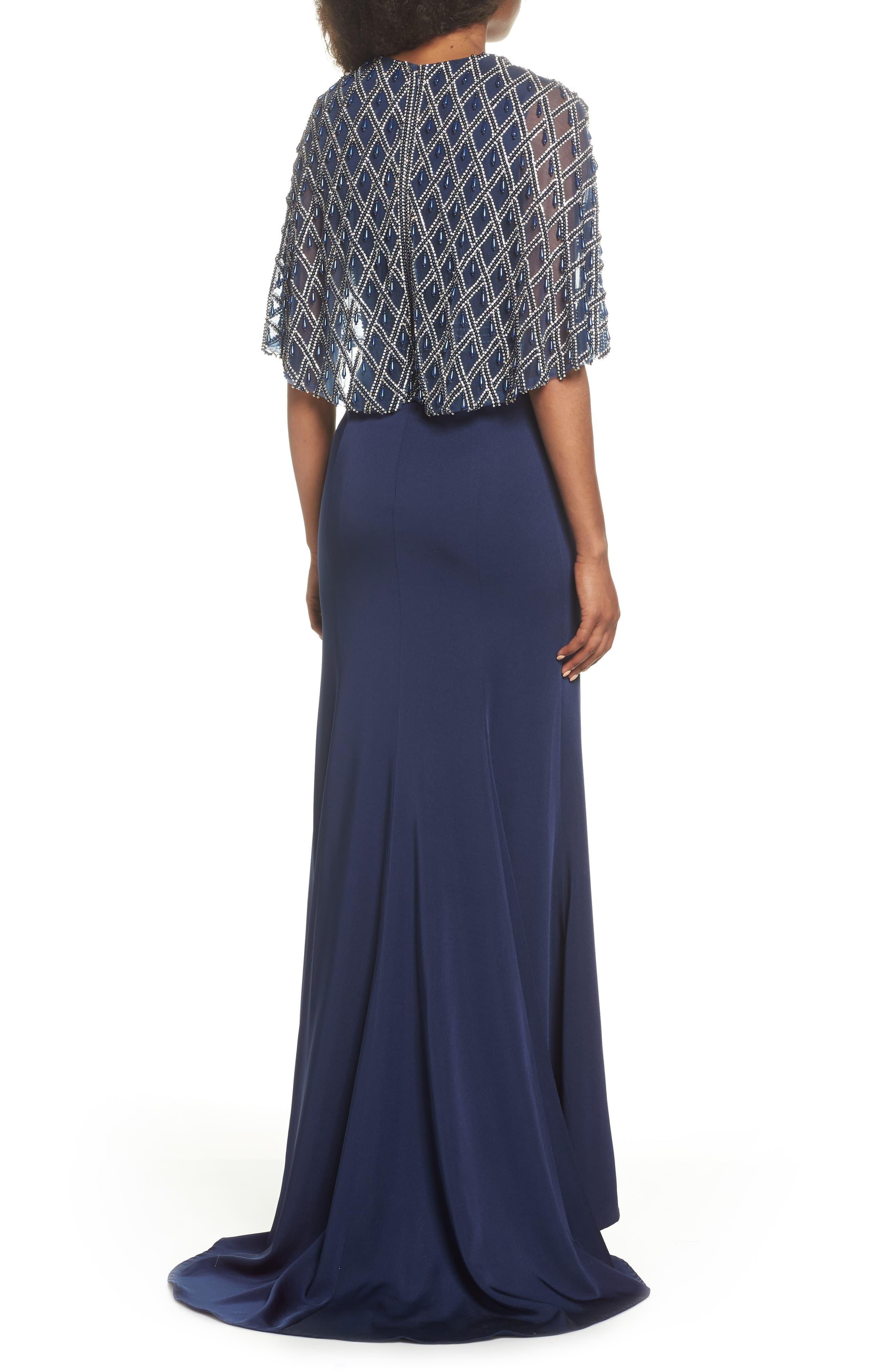 Mac Duggal Beaded Cape Overlay Gown In Midnight Blue Lyst