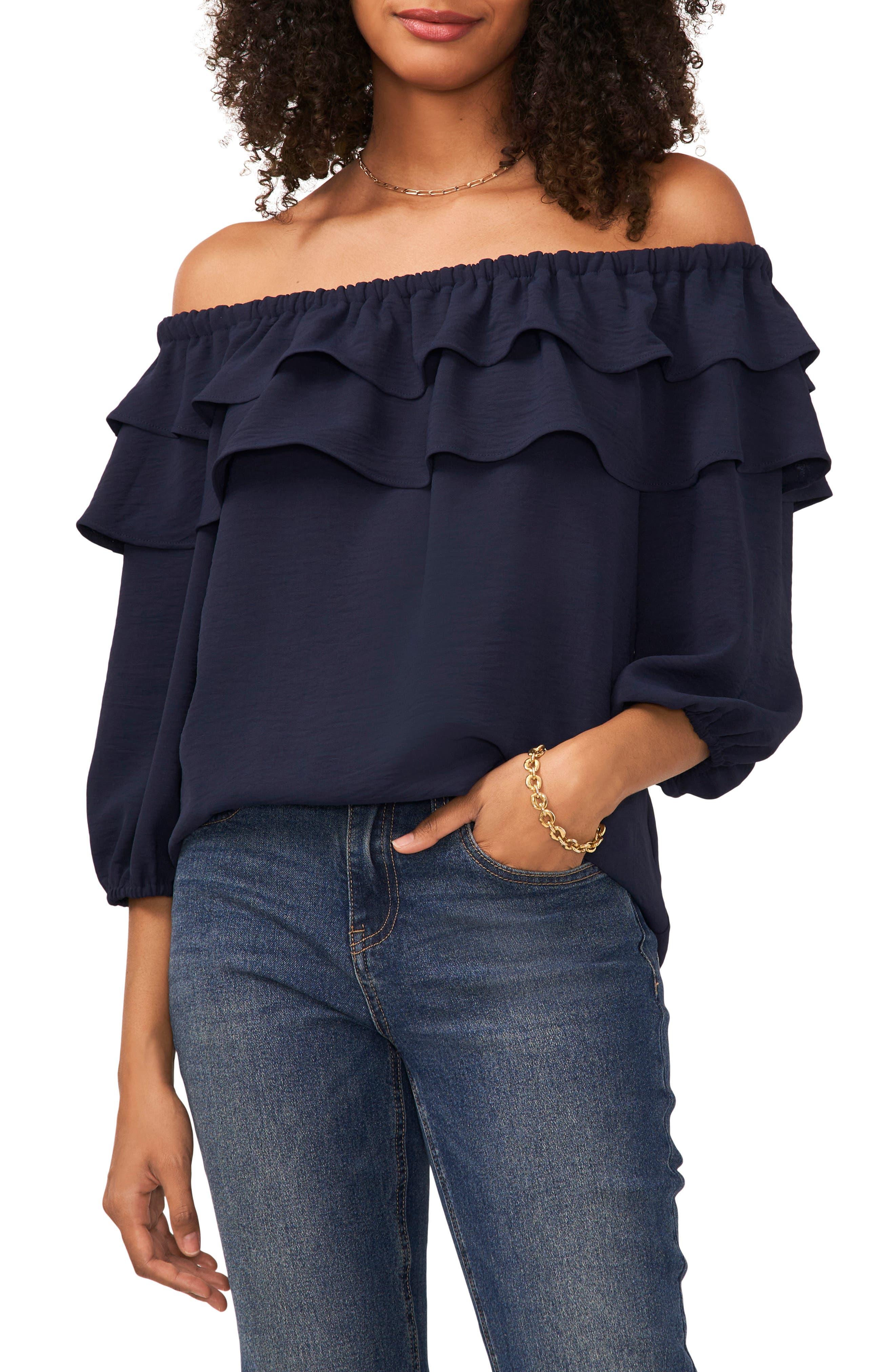 Vince Camuto Off-the-shoulder Double Ruffle Top in Blue | Lyst Vince Camuto Off-the-shoulder Double Ruffle Top in Blue | Lyst