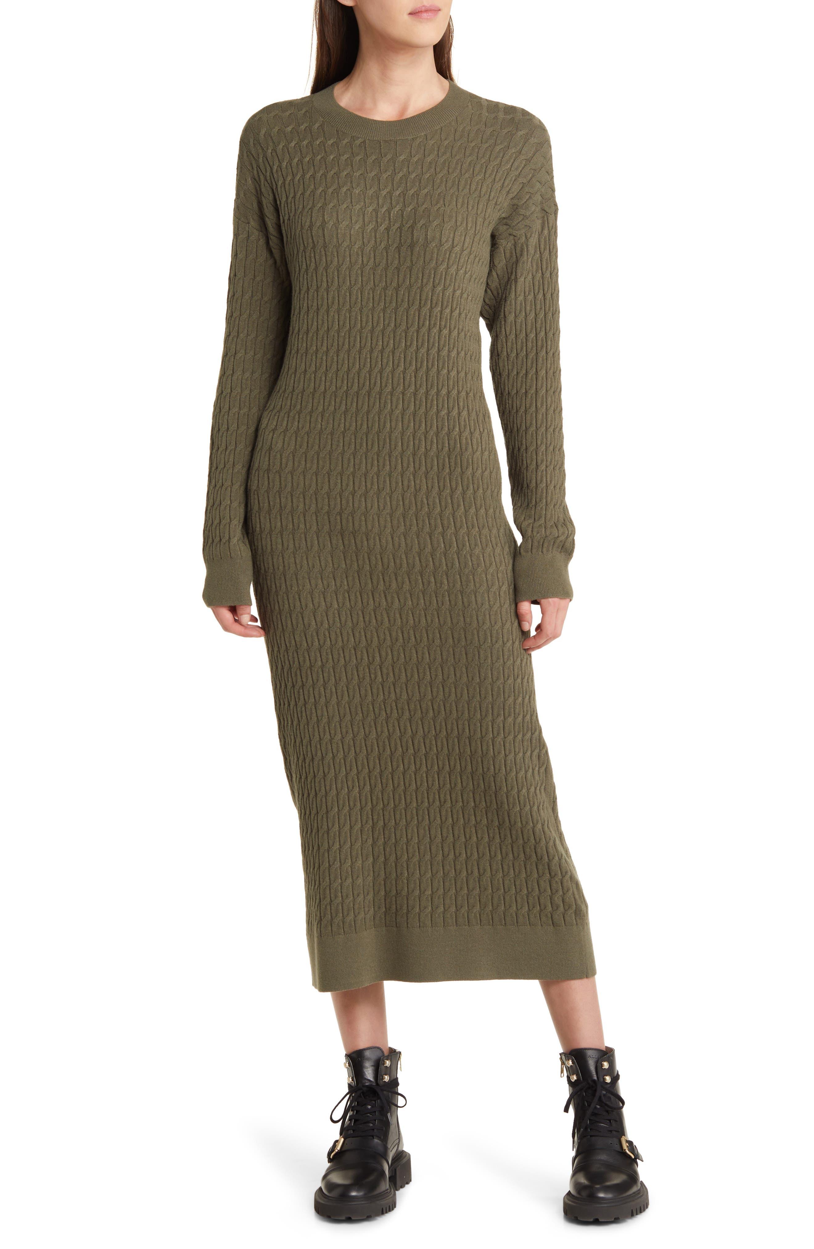 Treasure And Bond Cable Stitch Long Sleeve Midi Sweater Dress In Green Lyst
