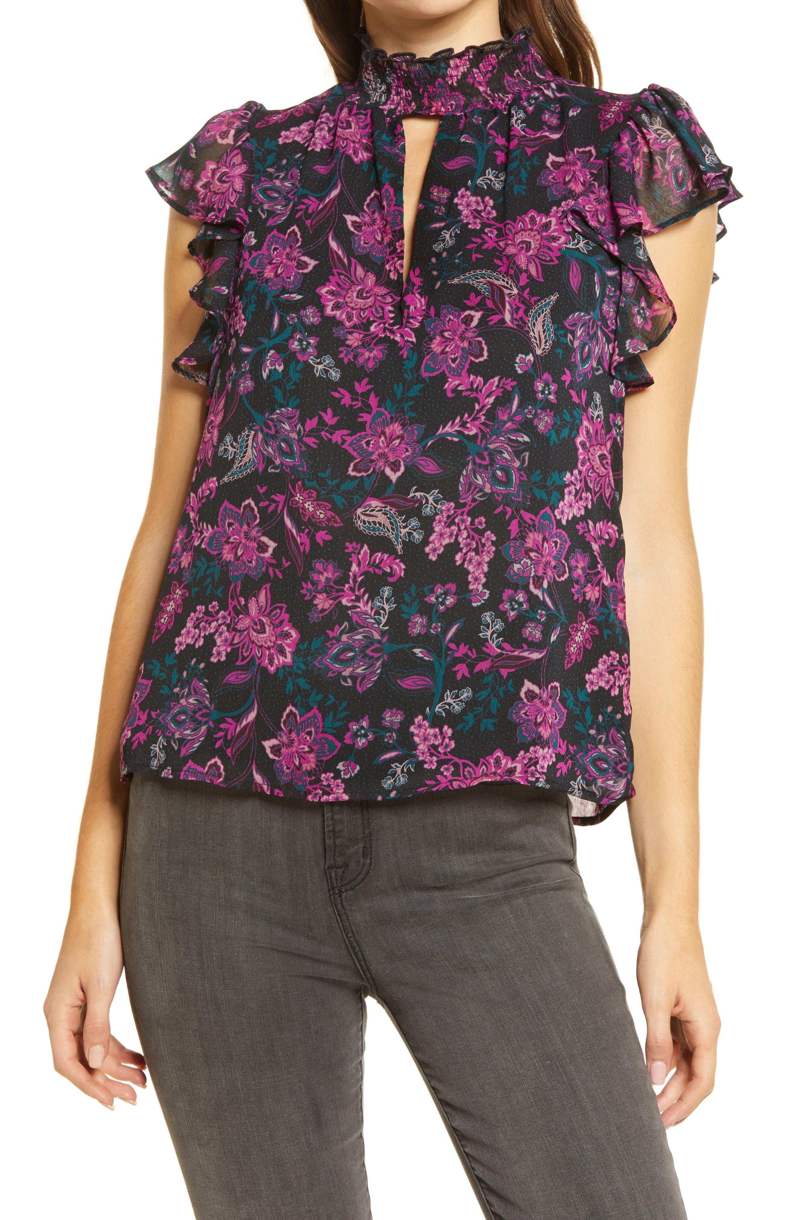 1 State Chiffon Flutter Sleeve Keyhole Blouse In Purple Lyst