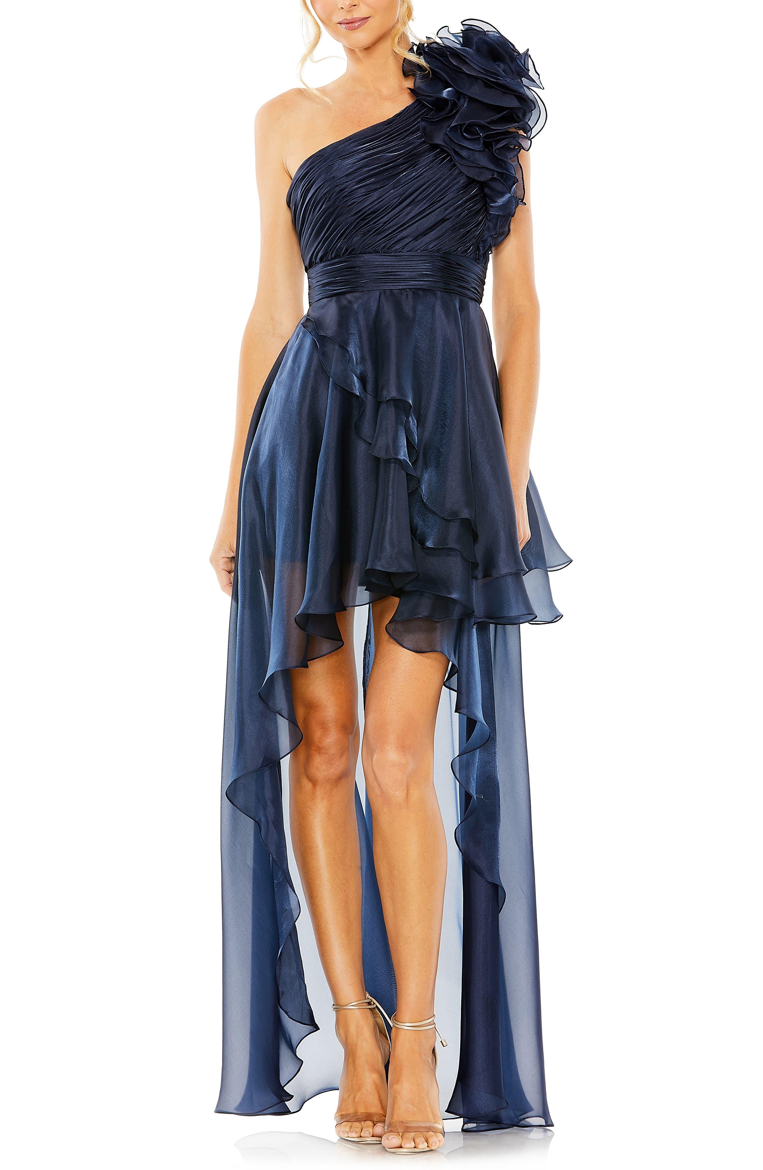 Mac Duggal Rosette One Shoulder High Low Gown In Blue Lyst