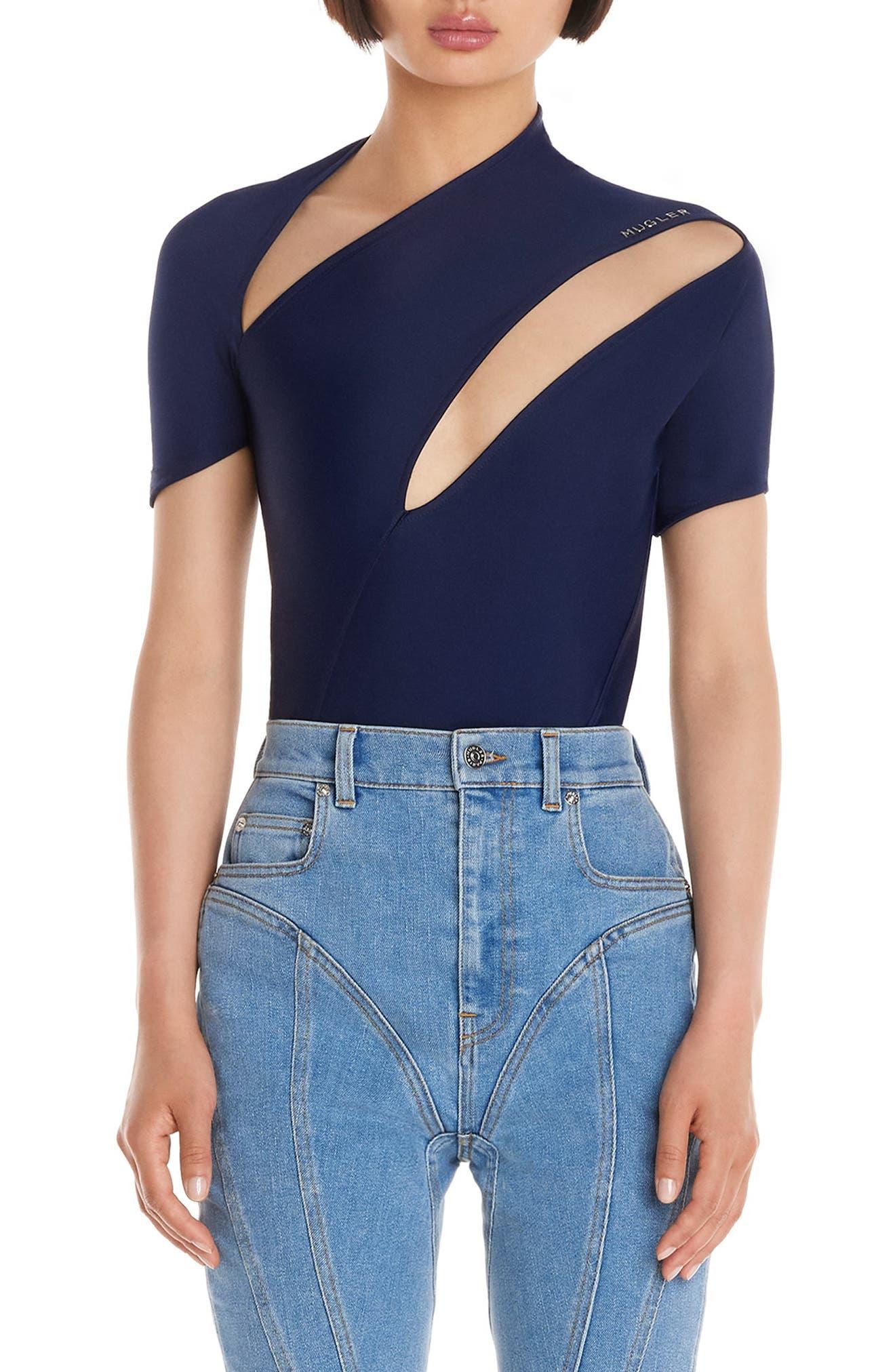 Mugler Double Cutout Mesh Bodysuit in Blue | Lyst