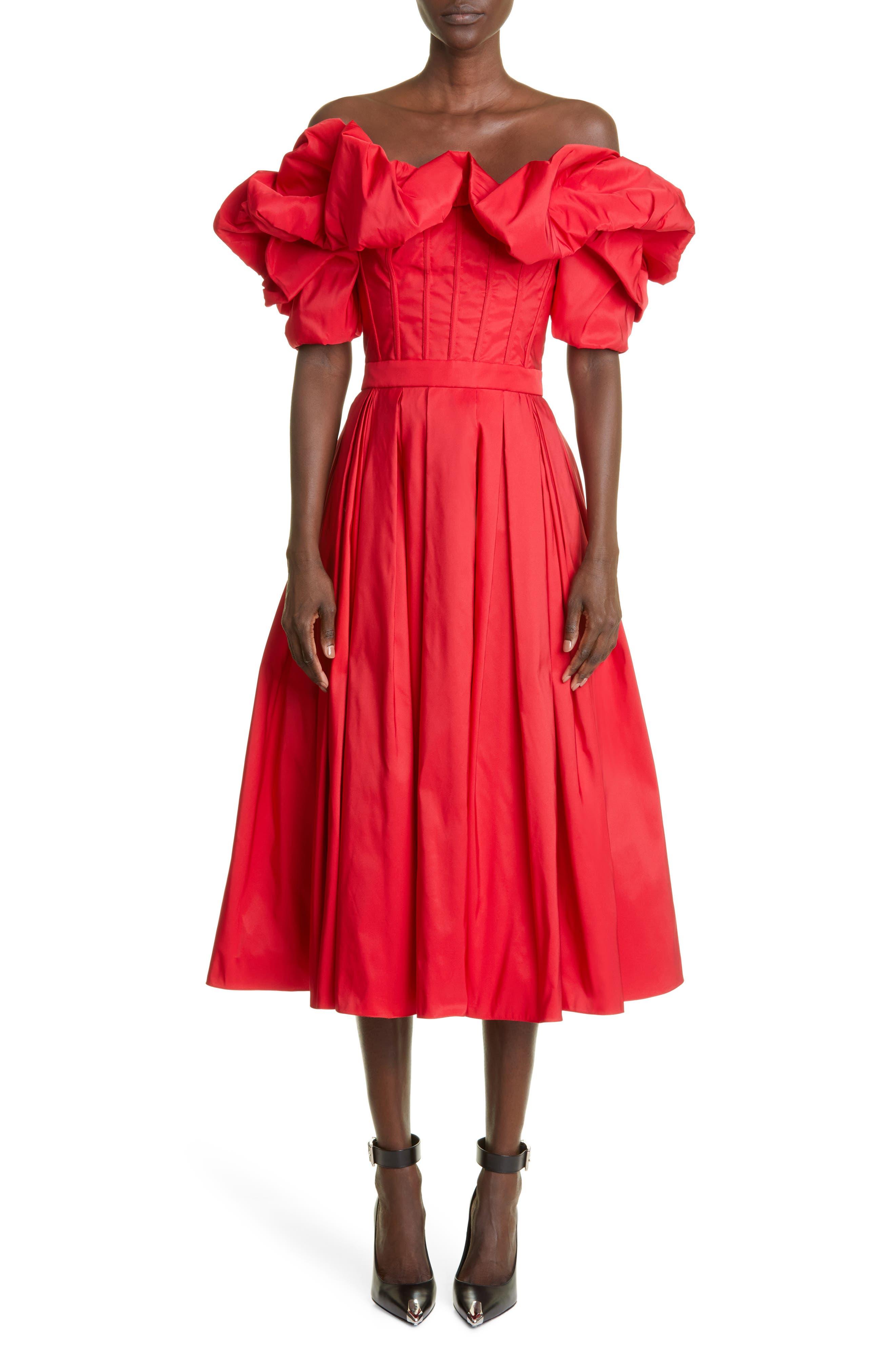 Alexander Mcqueen Off The Shoulder Faille Corset Dress In Red Lyst