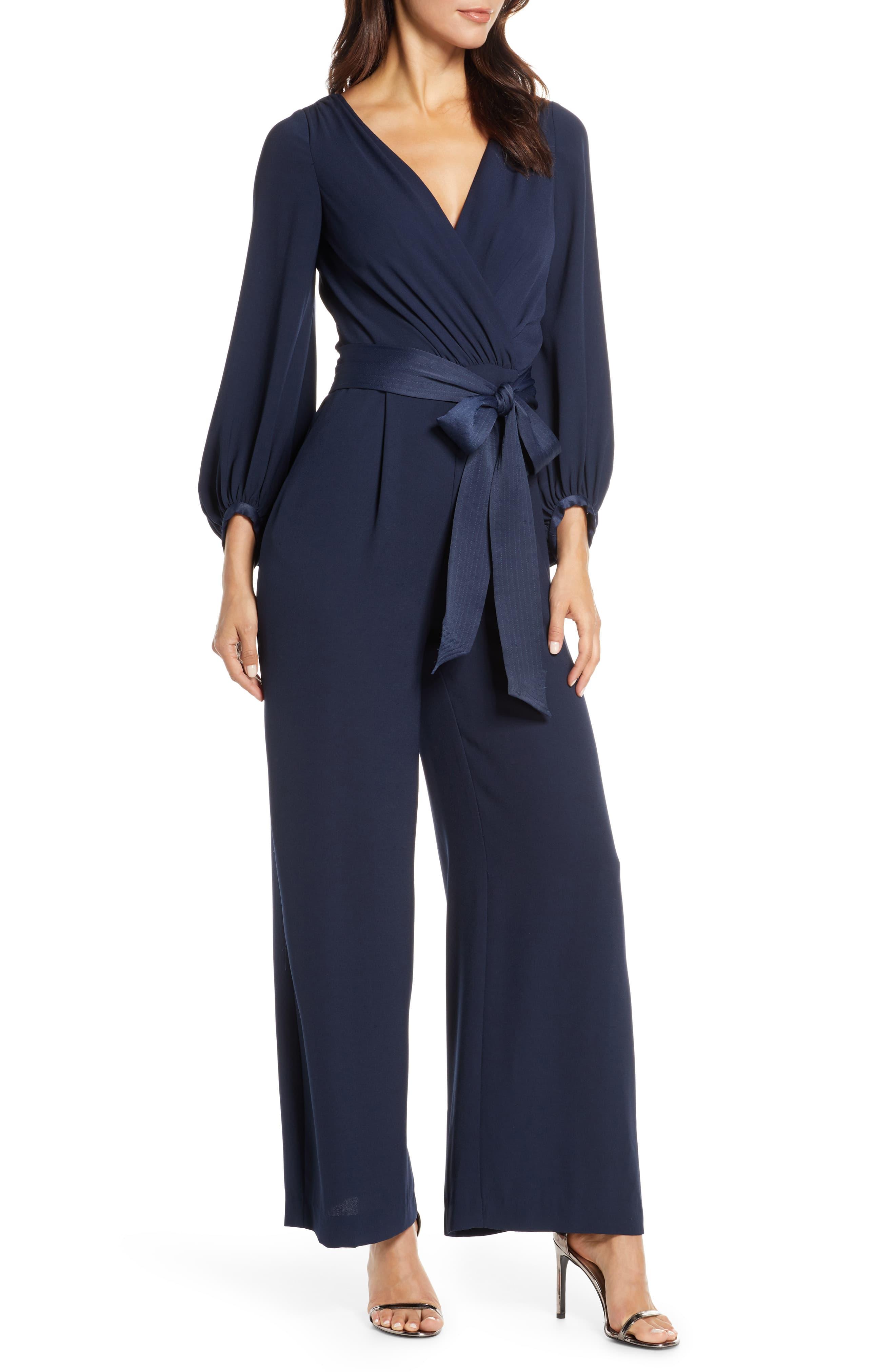 Eliza J Satin Long Sleeve Wide Leg Jumpsuit In Navy Blue Lyst
