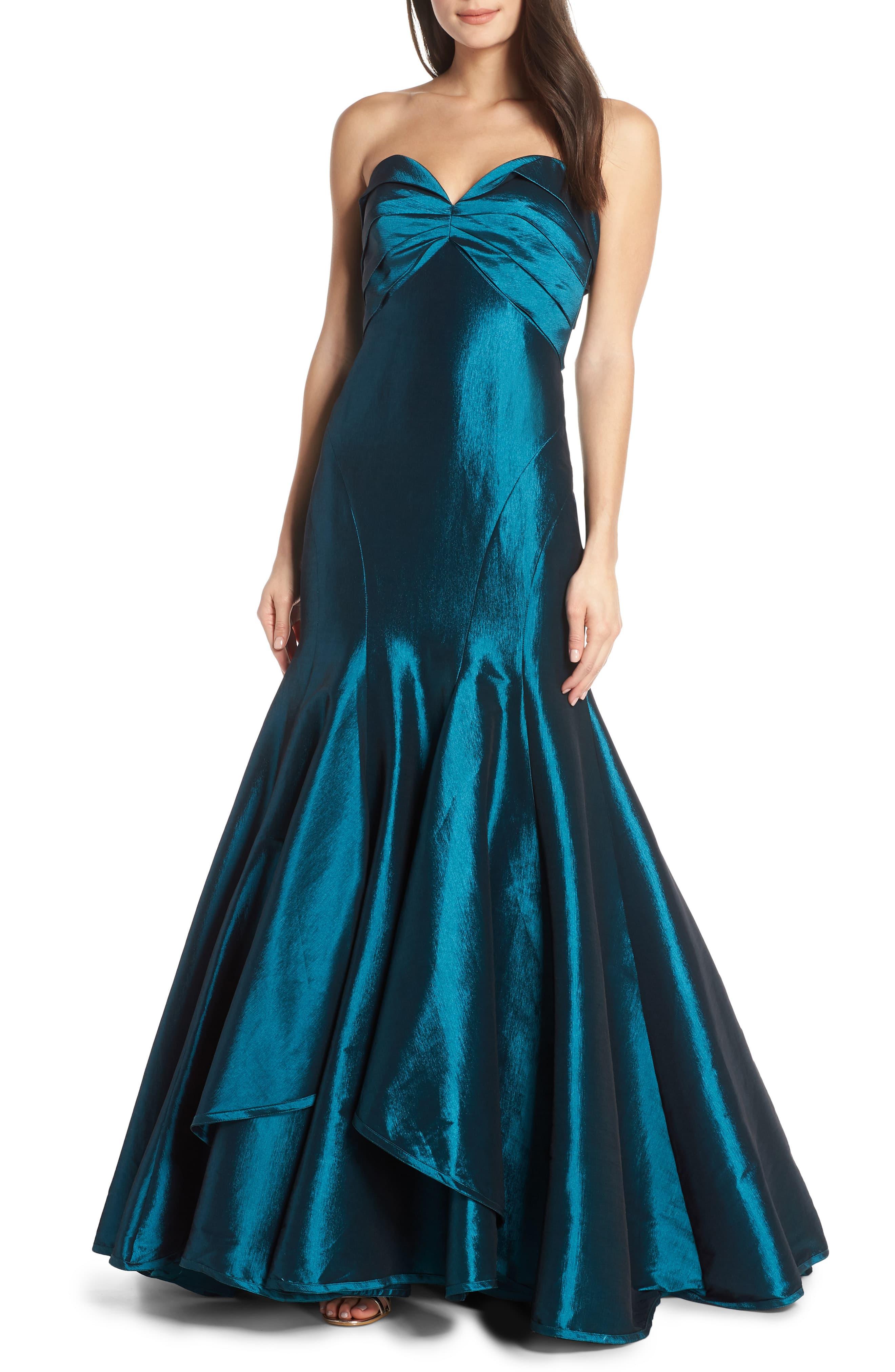 Mac Duggal Strapless Satin Mermaid Evening Dress In Teal Blue Lyst