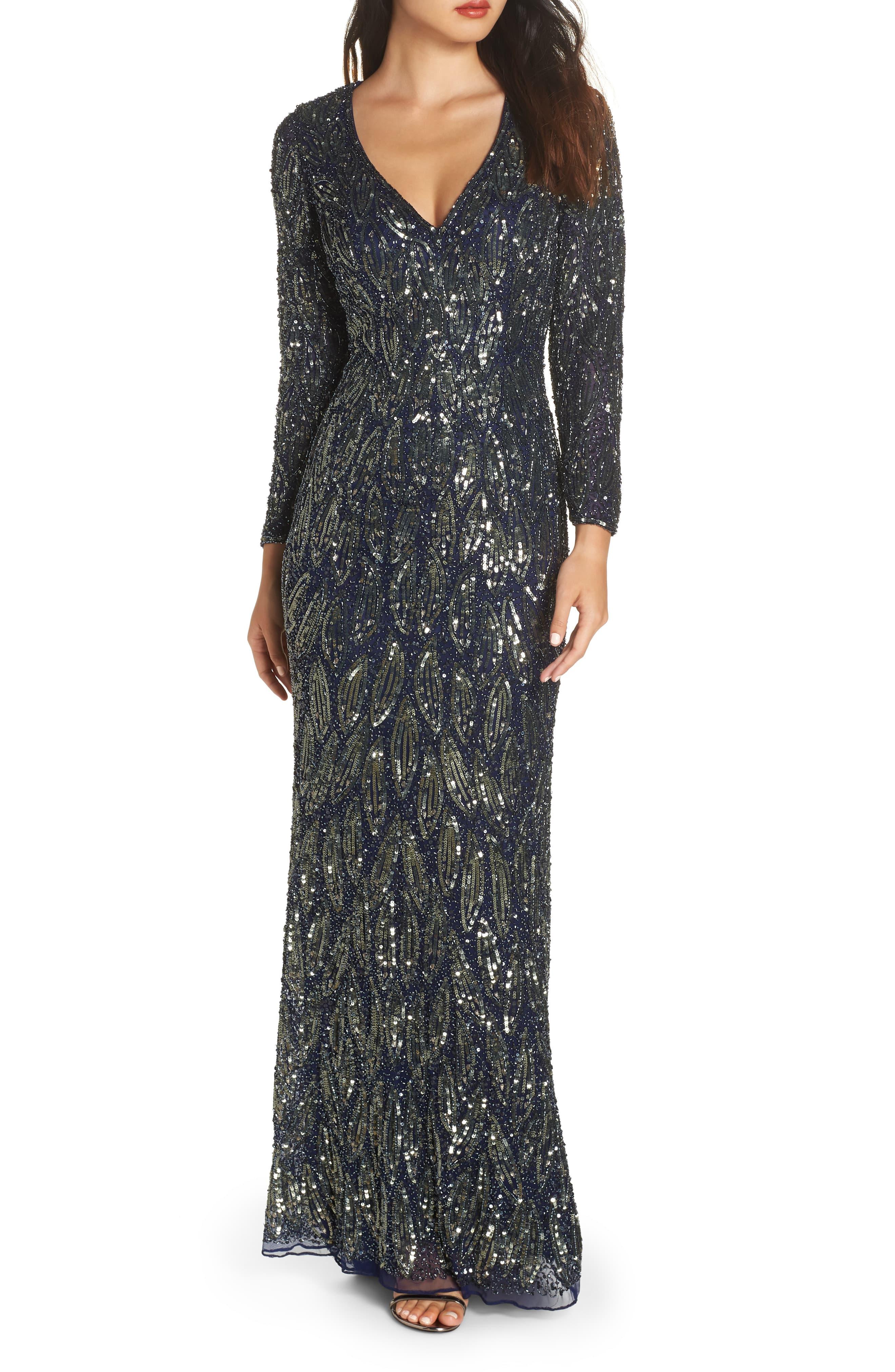 Mac Duggal Beaded Long Sleeve Gown In Midnight Blue Lyst