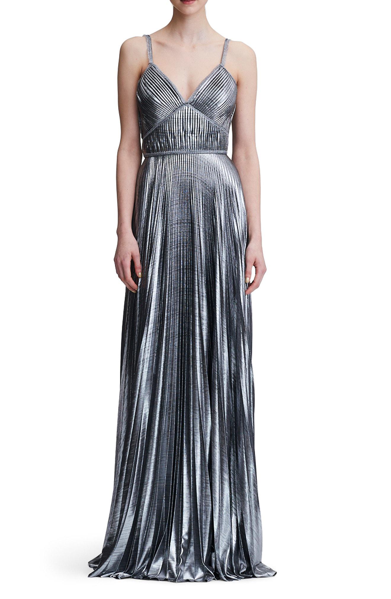 Marchesa Lace Trimmed Pleated Lamé Gown Silver In Metallic Lyst