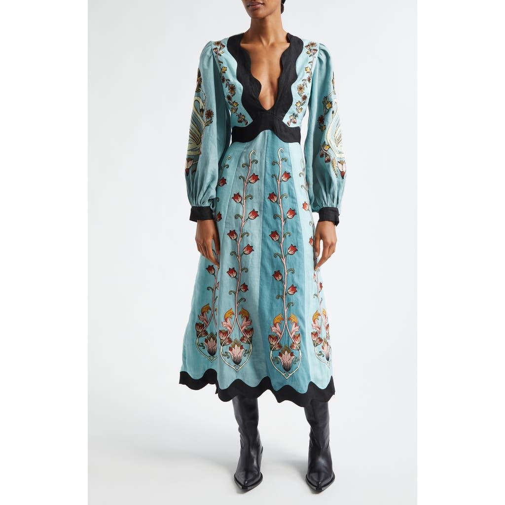 FARM Rio Floral Embroidered Long Sleeve Cutout Linen Midi Dress in Blue ...