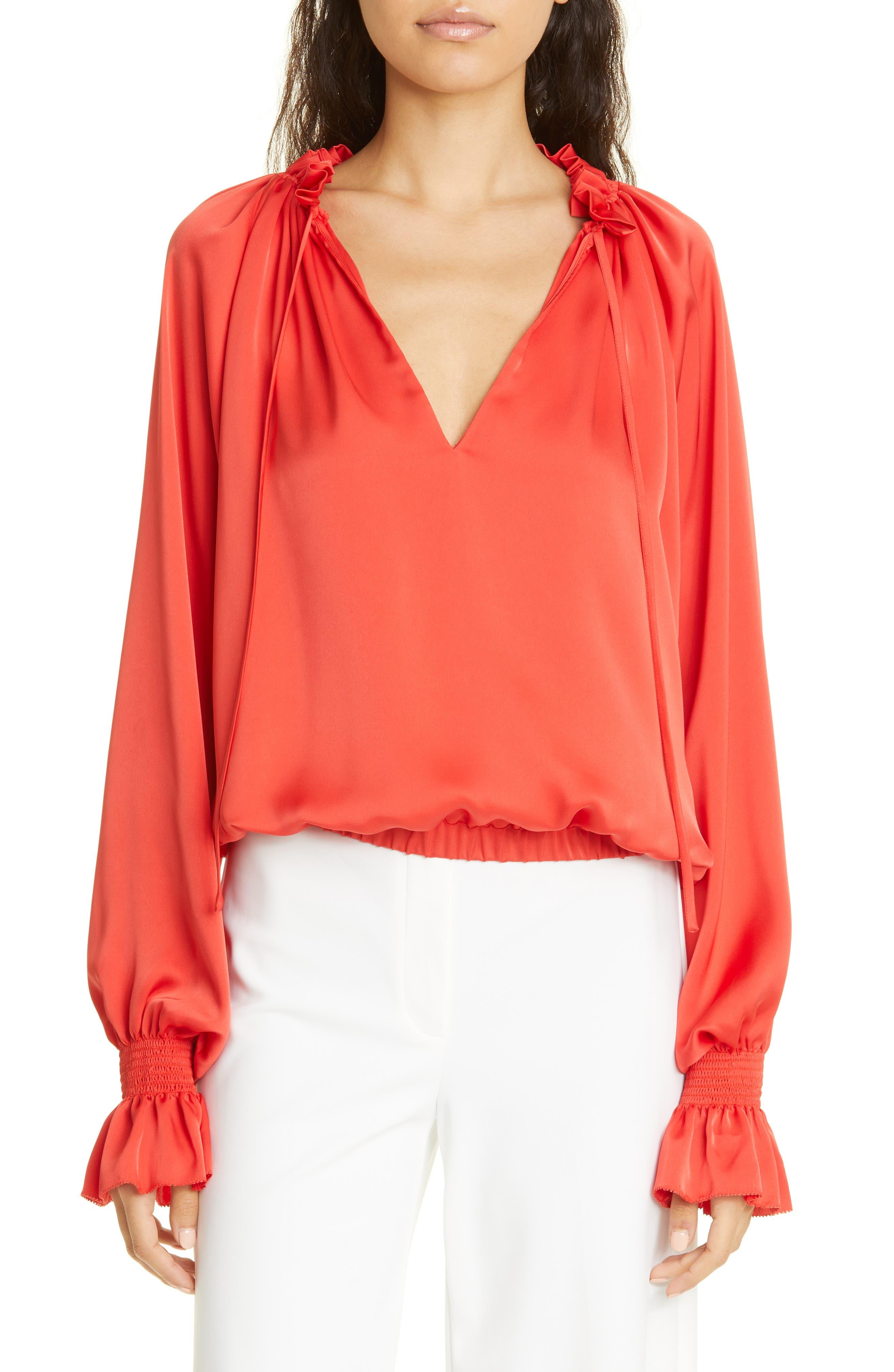 Ramy Brook Bethany Long Sleeve Satin Blouse In Red Lyst