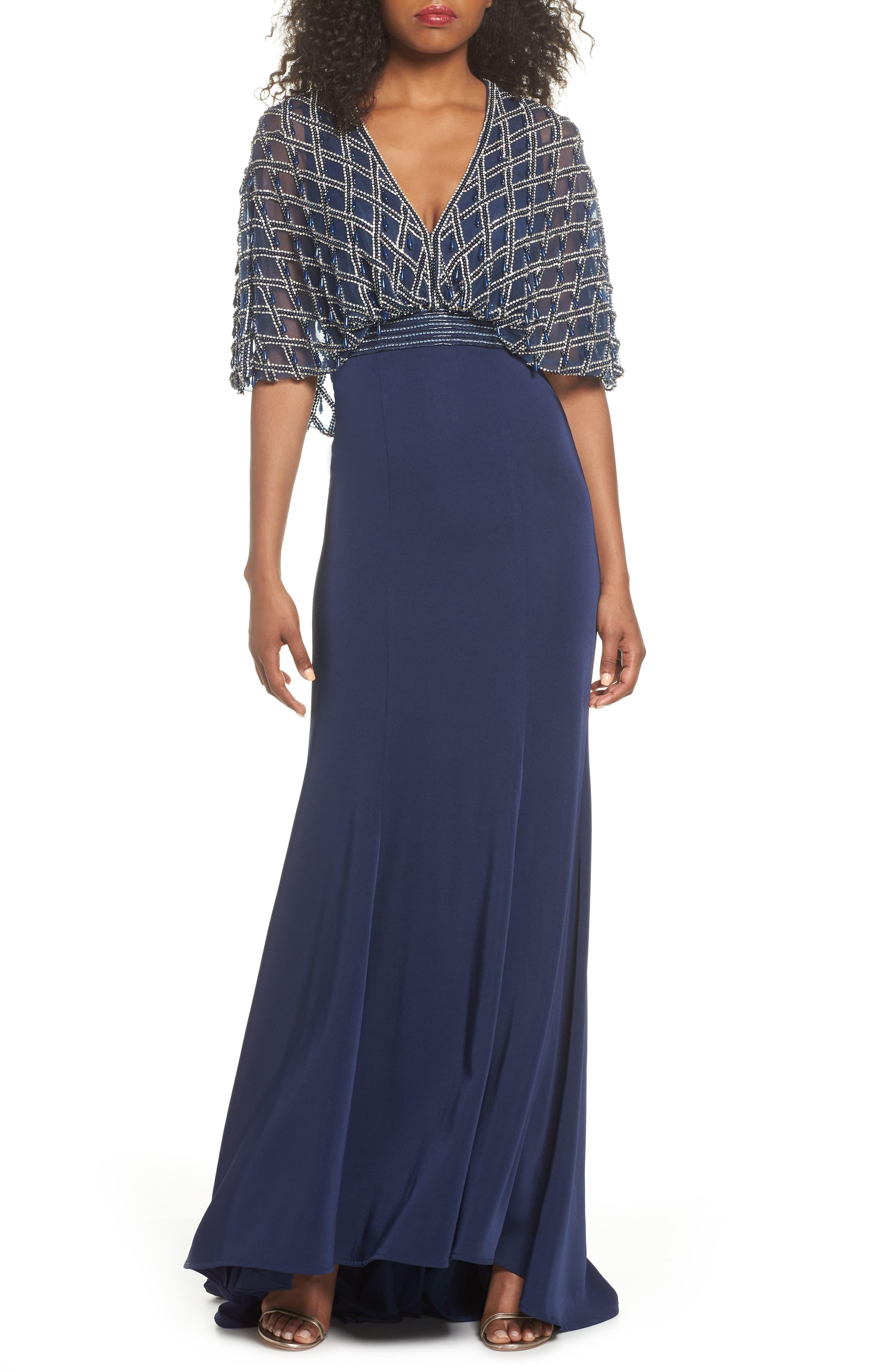 Mac Duggal Beaded Cape Overlay Gown In Midnight Blue Lyst