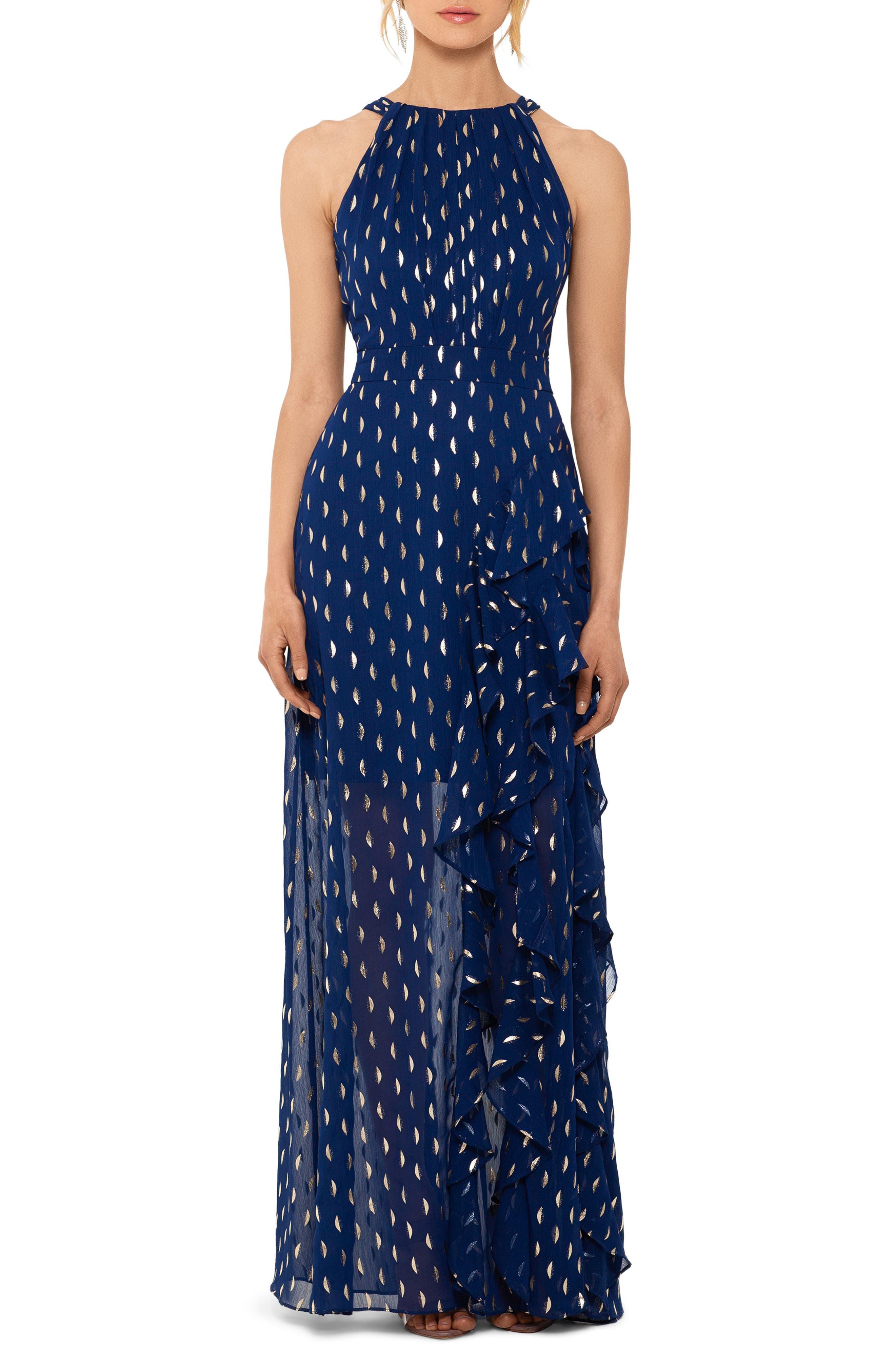 Betsy And Adam Metallic Clip Dot Ruffle Halter Neck Chiffon Gown In Blue