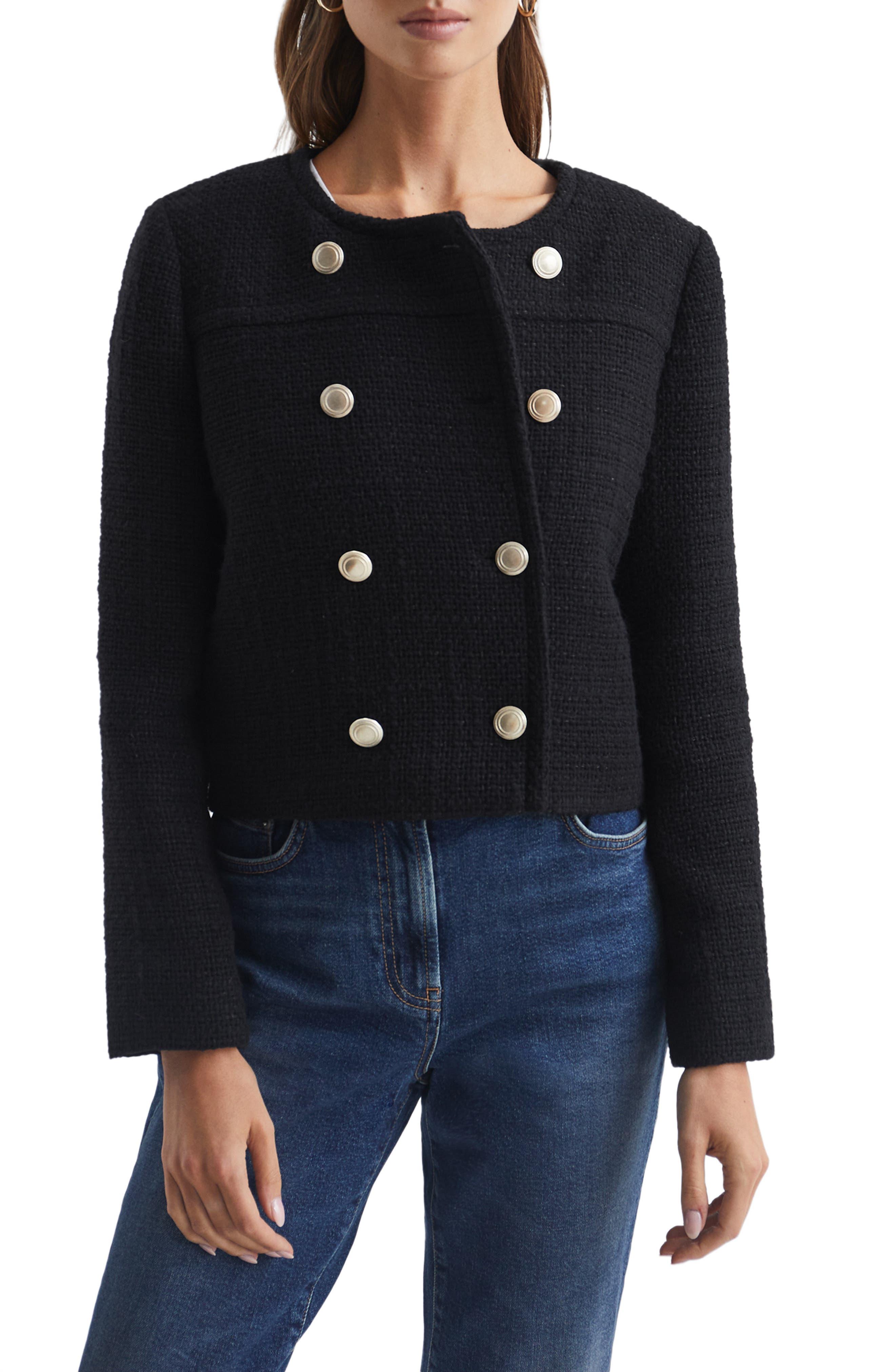 Reiss Esmie Double Breasted Tweed Crop Jacket in Black | Lyst