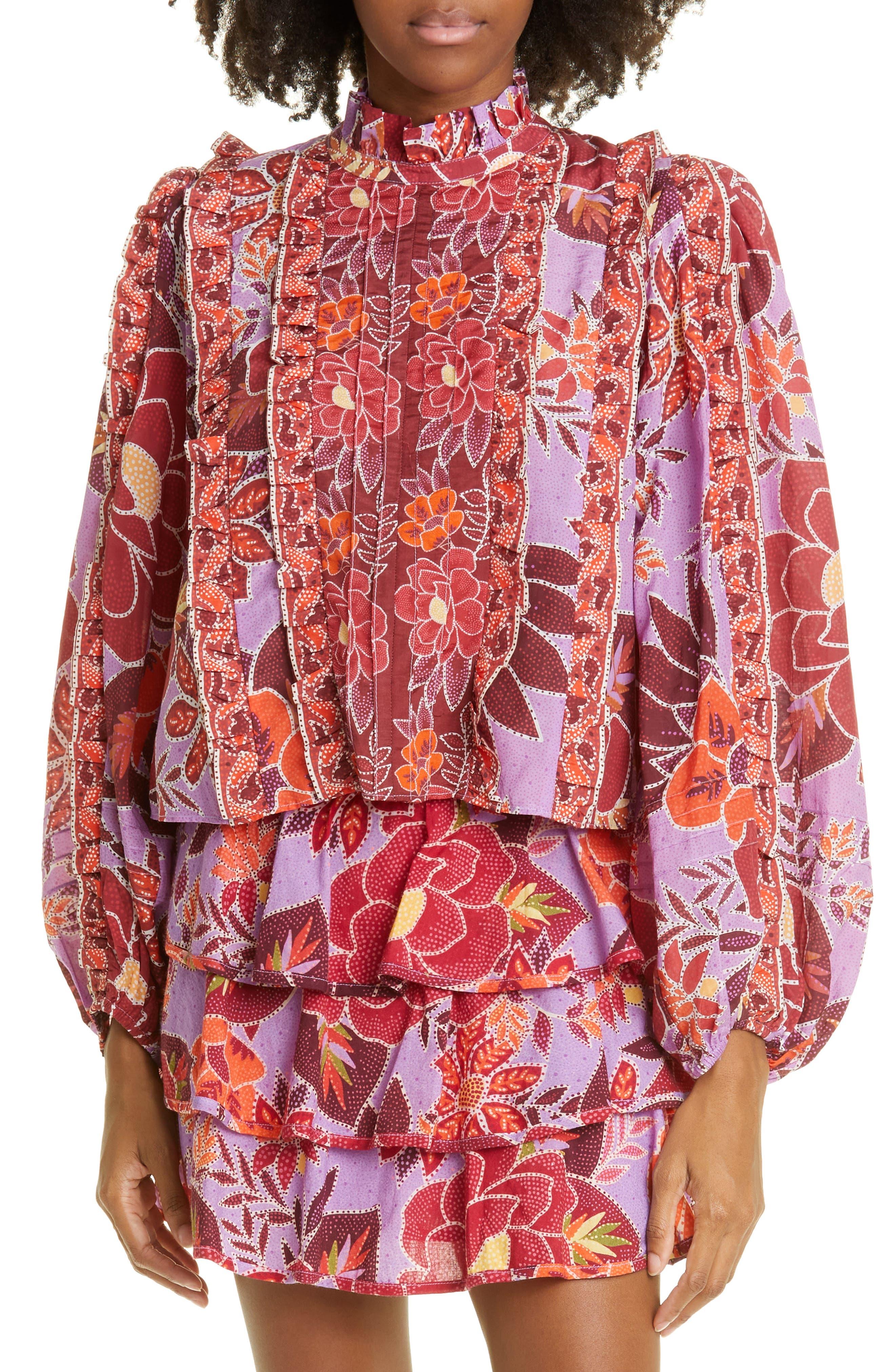 Farm Rio Floral Balloon Sleeve Blouse In Red Lyst