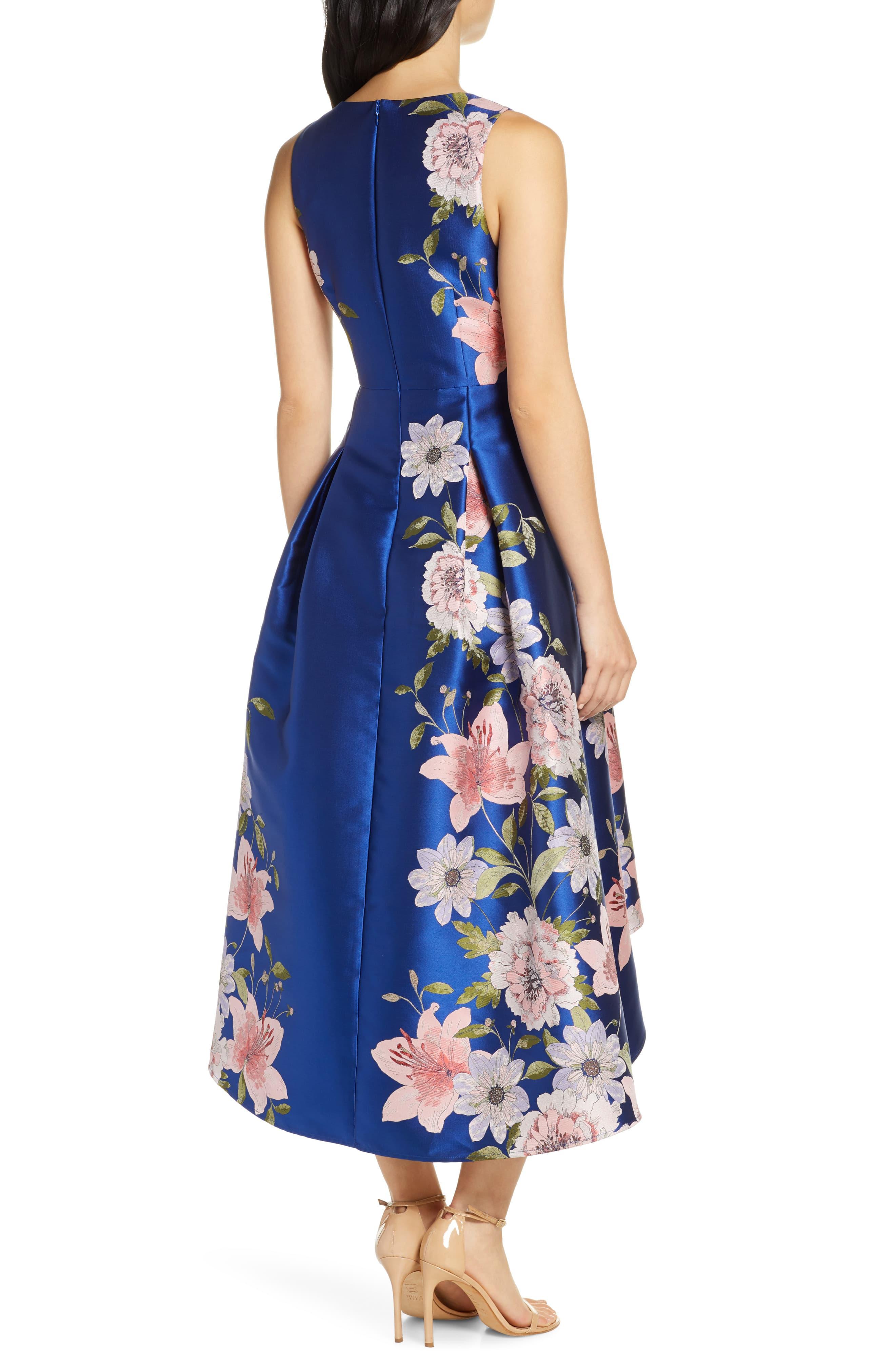 Eliza J Floral Print Satin Twill High Low Fit And Flare Dress In Cobalt