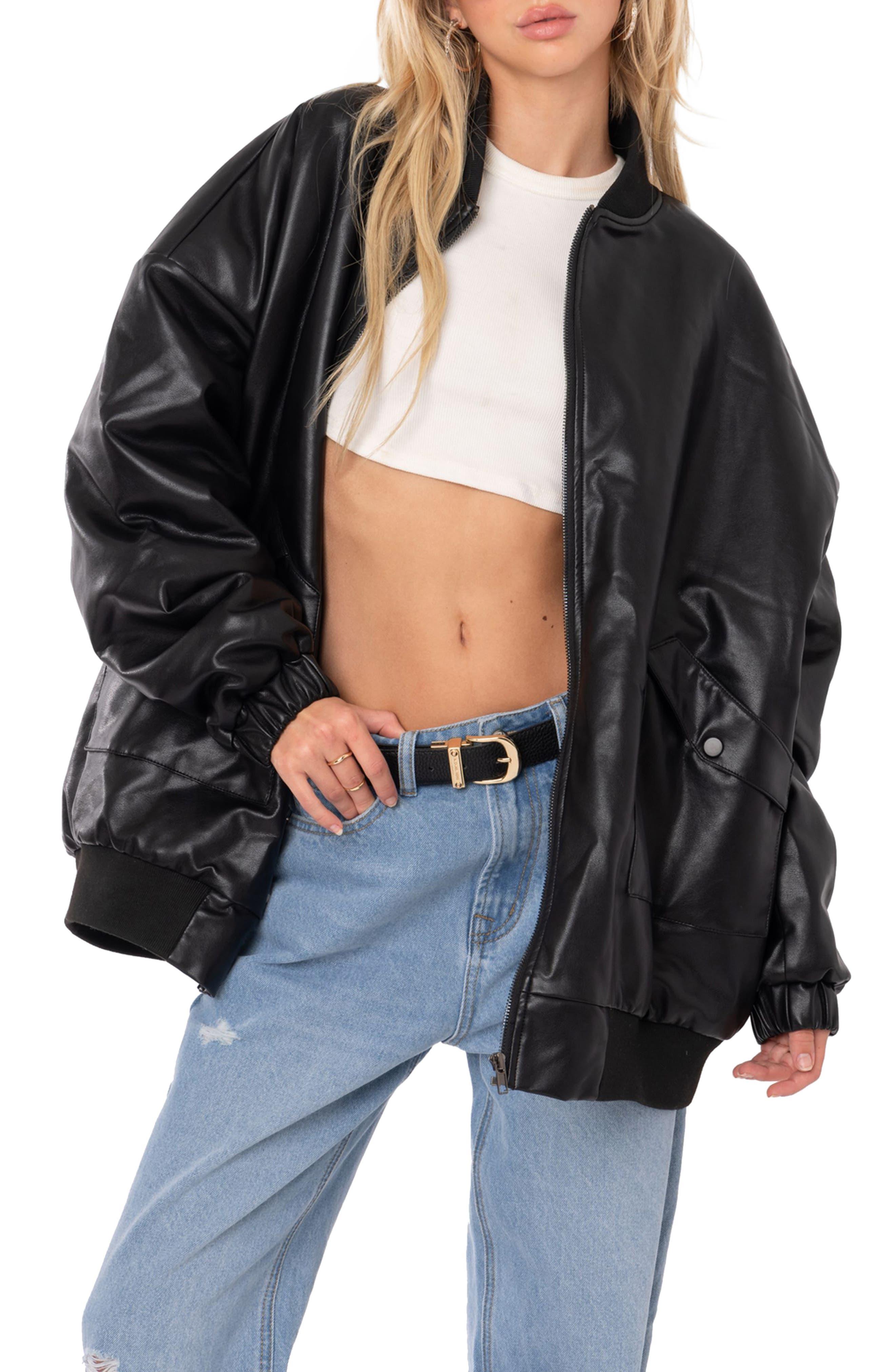 Edikted Oversize Faux Leather Bomber Jacket in Black | Lyst
