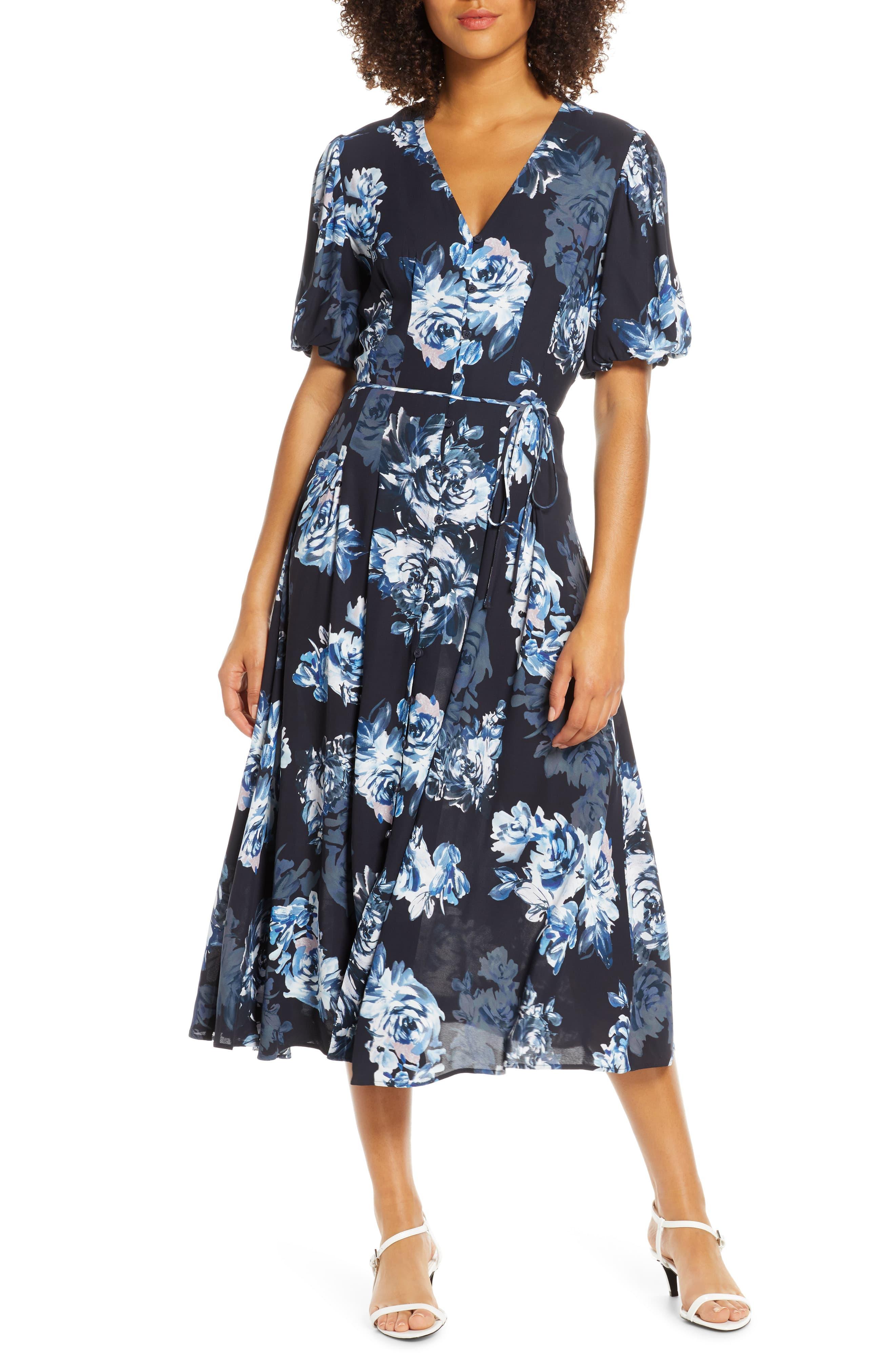 French Connection Caterina Floral Chiffon Midi Dress in Blue - Lyst