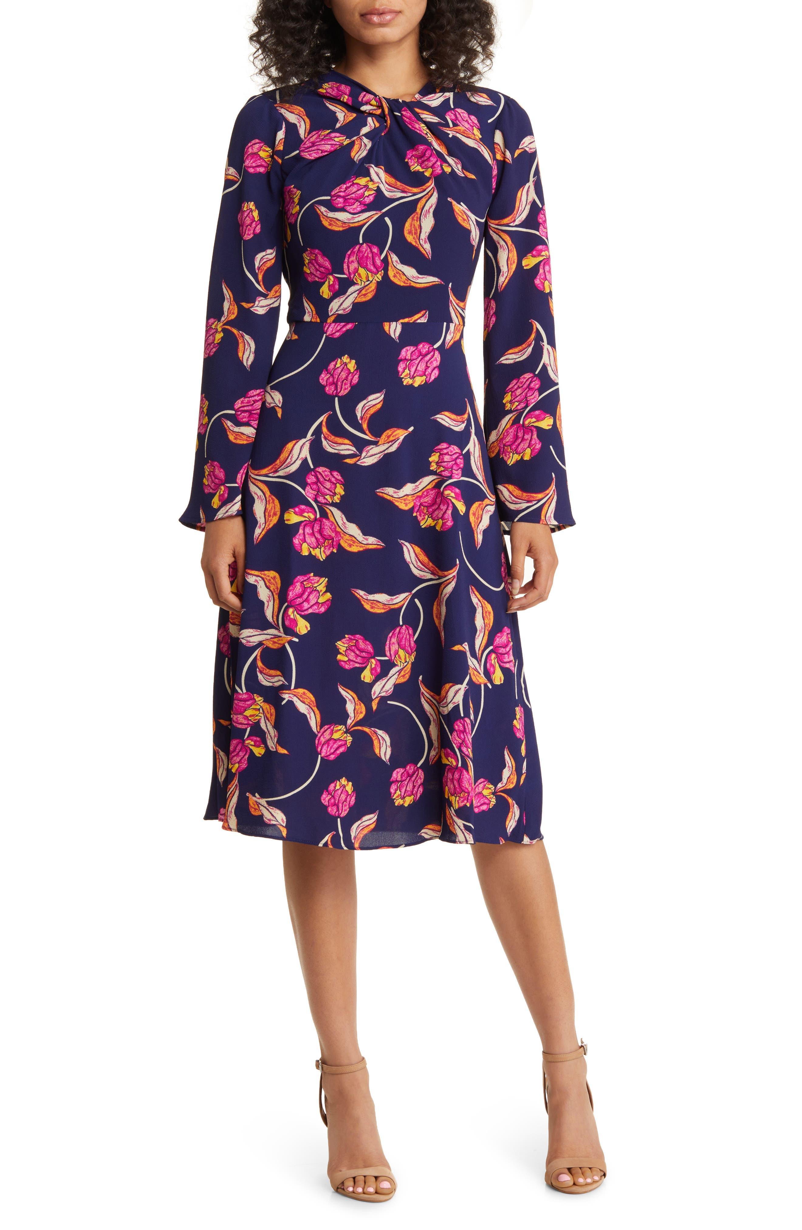 Maggy London Floral Twist Neck Long Sleeve Midi Dress In Red Lyst