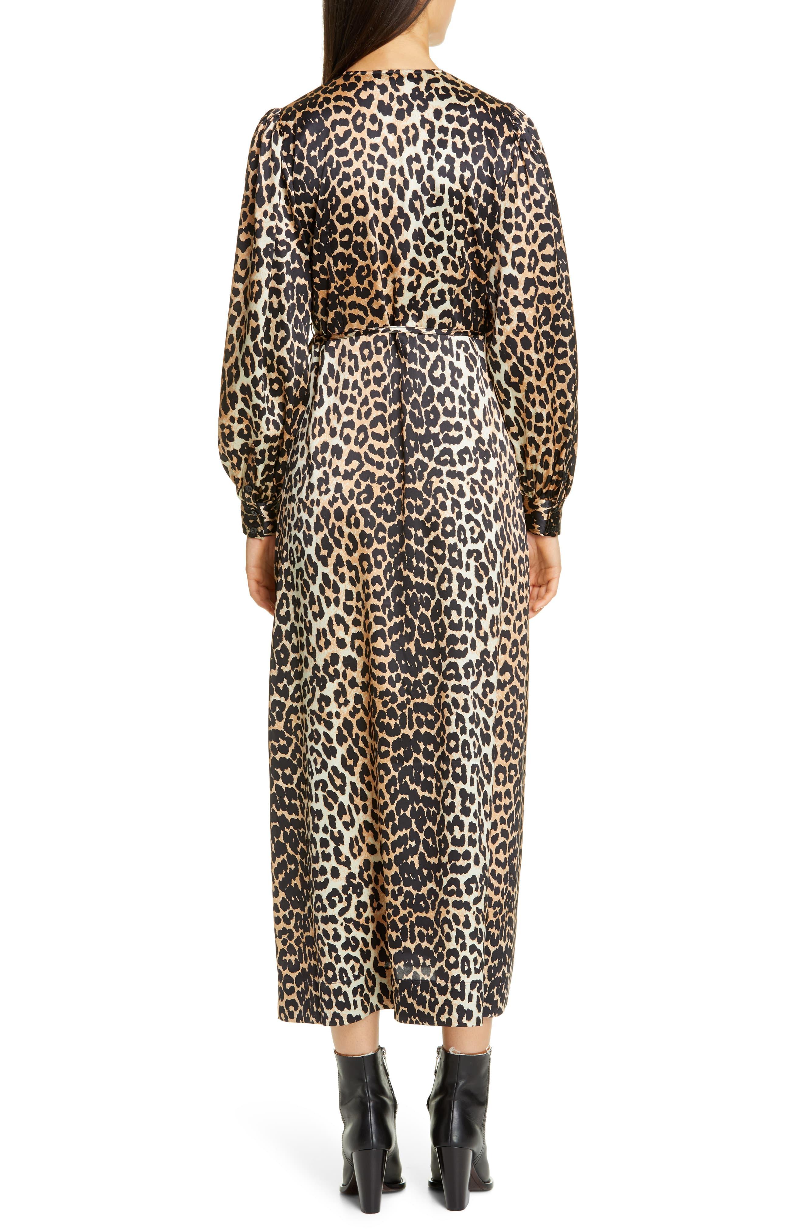 Ganni Leopard Print Long Sleeve Silk Satin Midi Wrap Dress Lyst