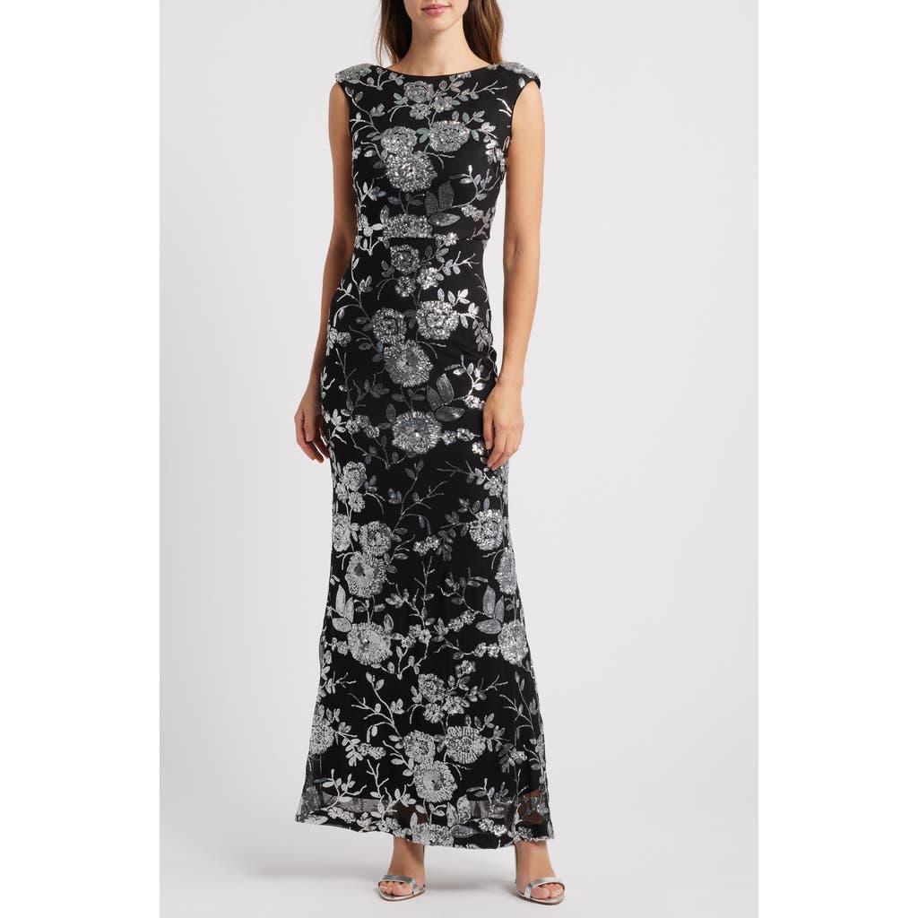 Eliza J Sequin Floral Sheath Gown in Black | Lyst