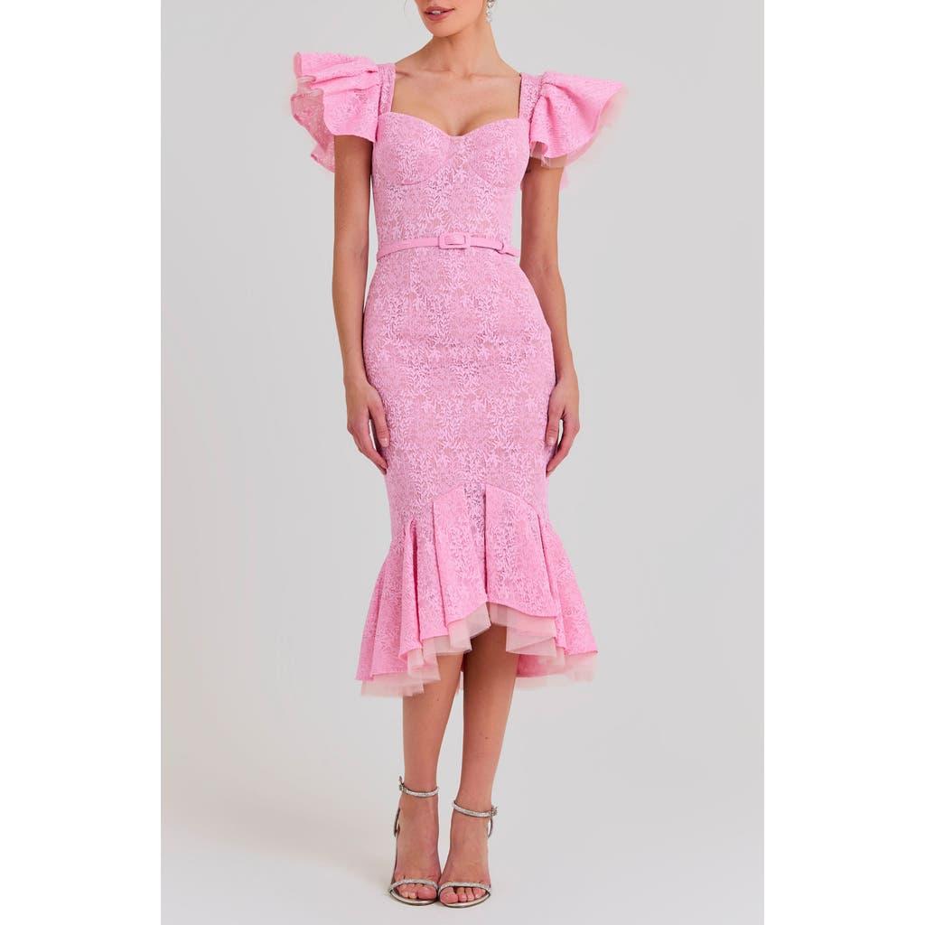 Nadine Merabi Mindy Belted Ruffle Lace Midi Dress in Pink | Lyst
