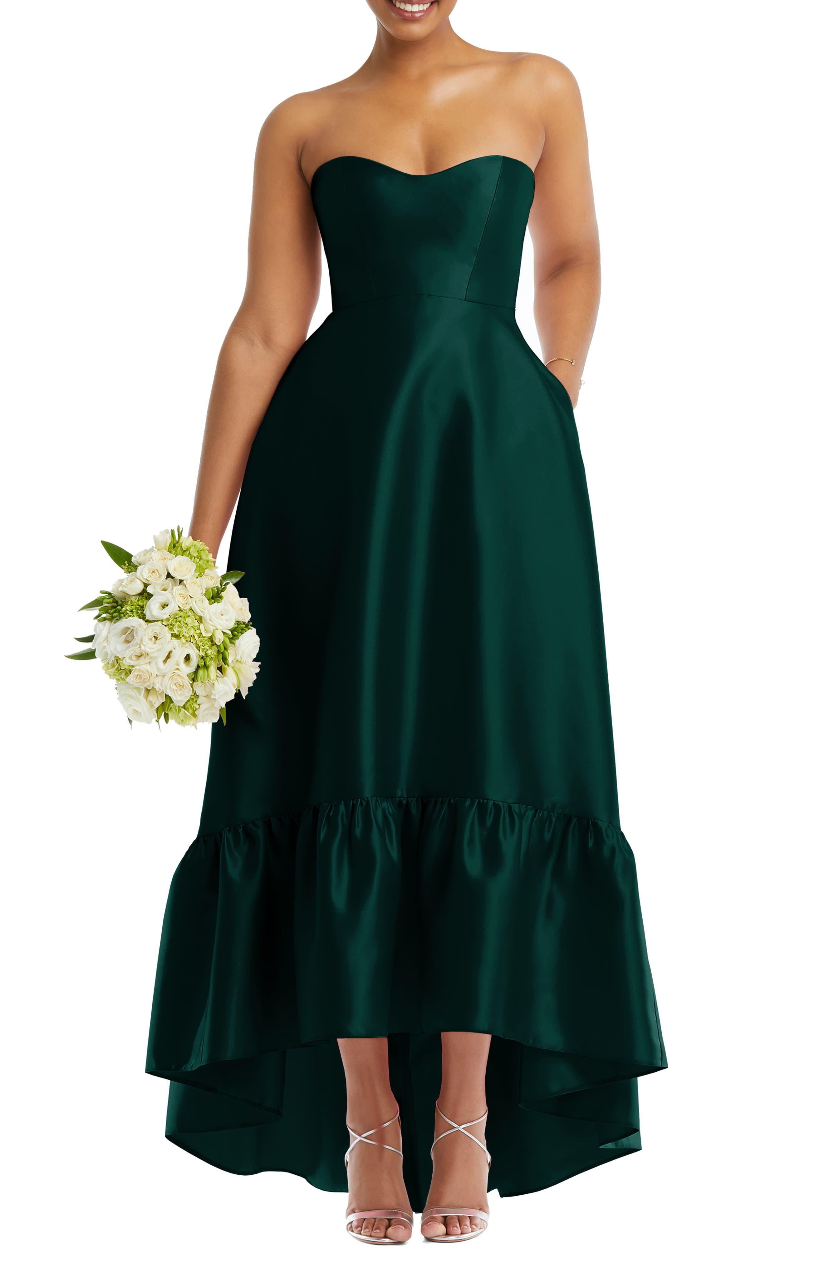 Alfred Sung Strapless Ruffle High-low Satin Gown in Green | Lyst Alfred Sung Strapless Ruffle High-low Satin Gown in Green | Lyst