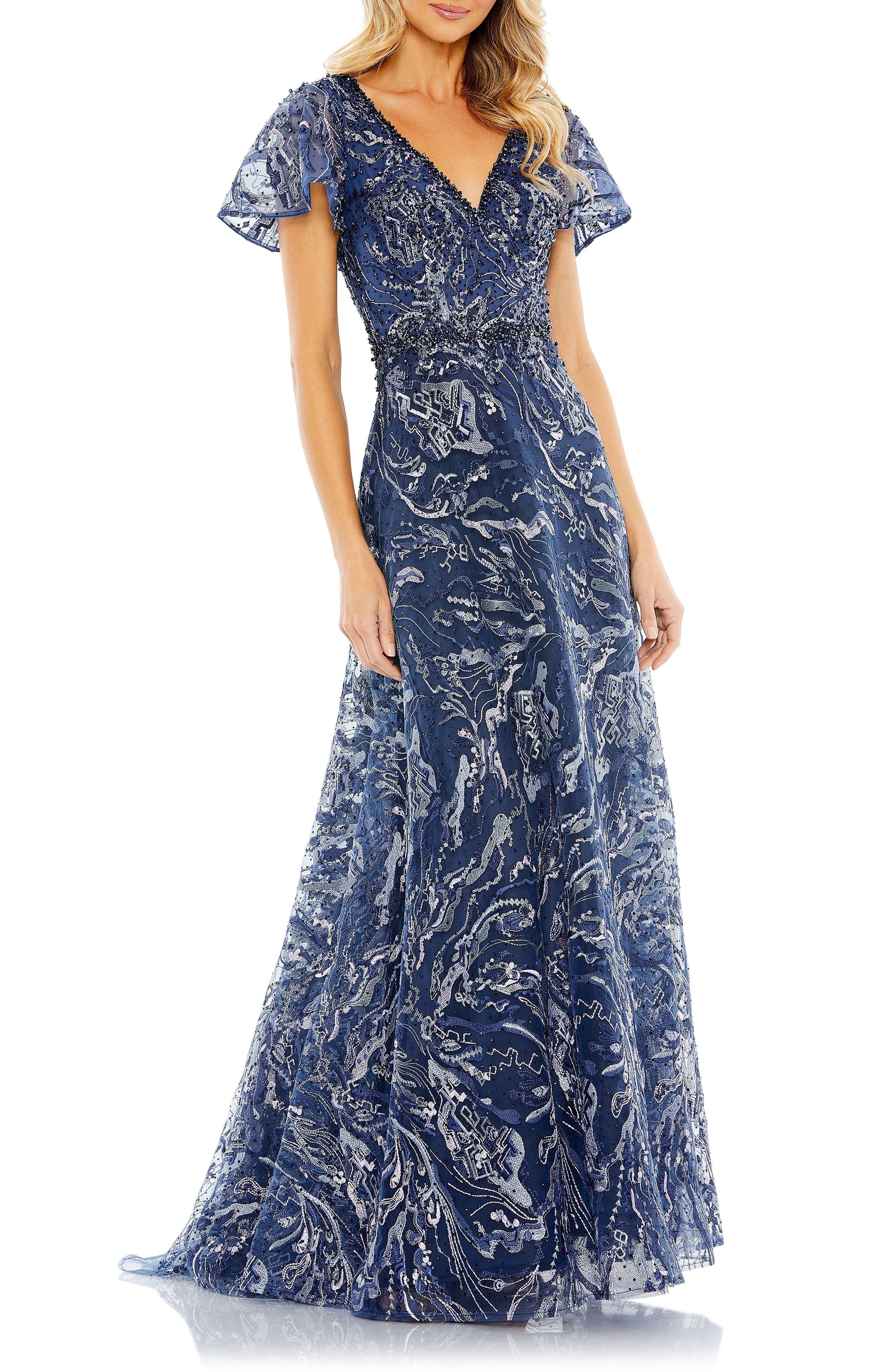Mac Duggal Embroidered Embellished Flutter Sleeve Gown In Blue Lyst
