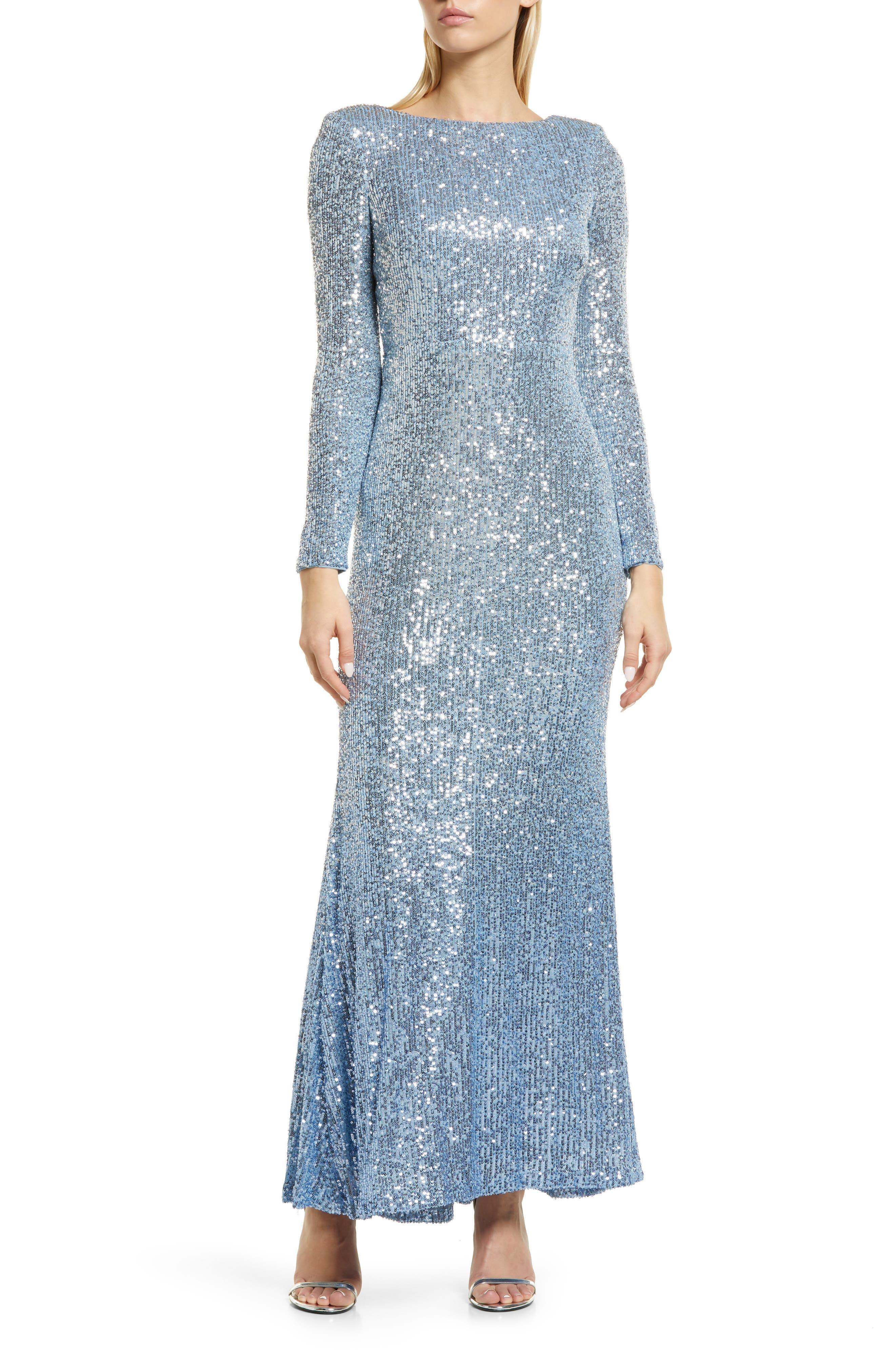 Eliza J Social Sequin Long Sleeve Gown In Blue Lyst