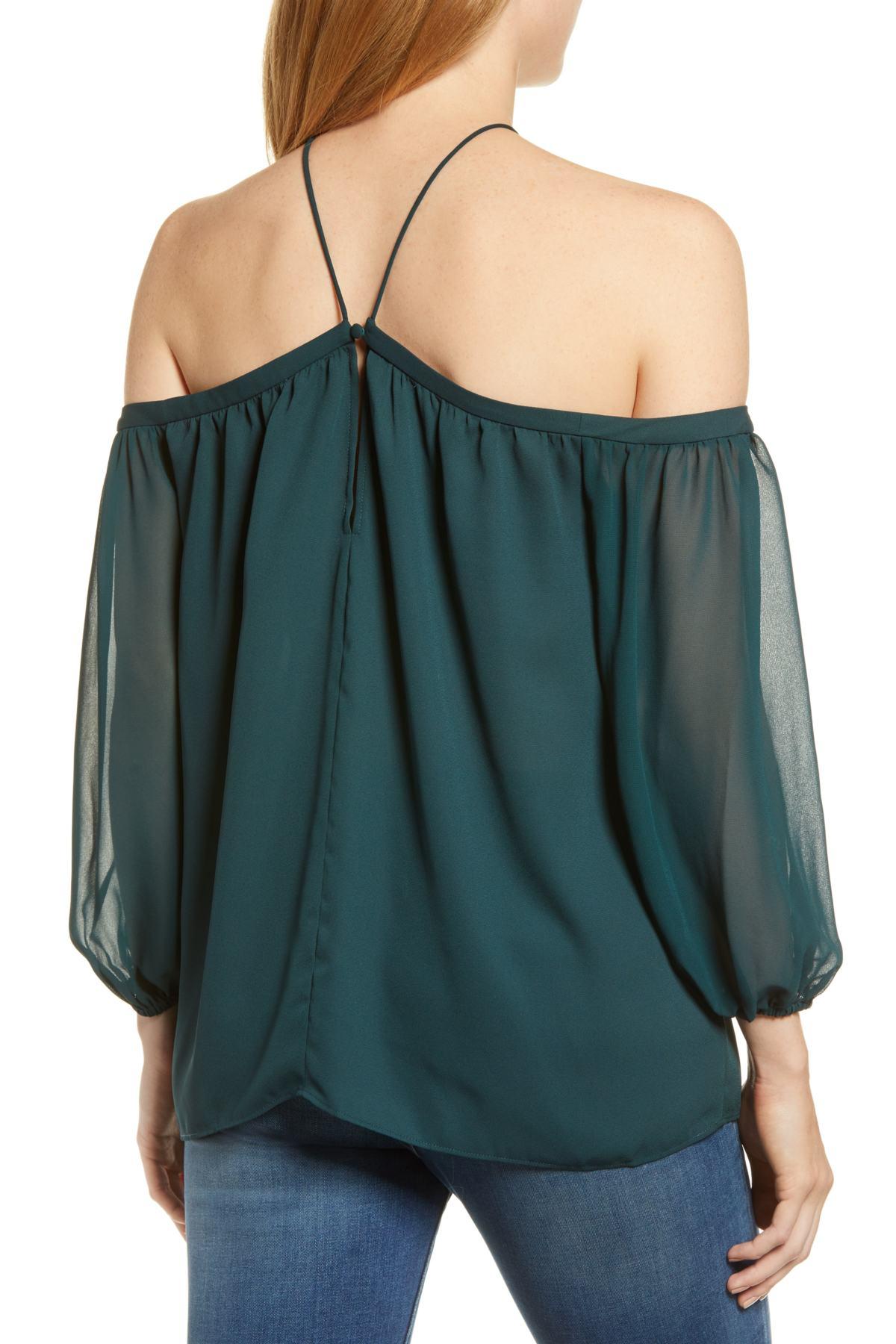 1 State Off The Shoulder Sheer Chiffon Blouse In Green Lyst