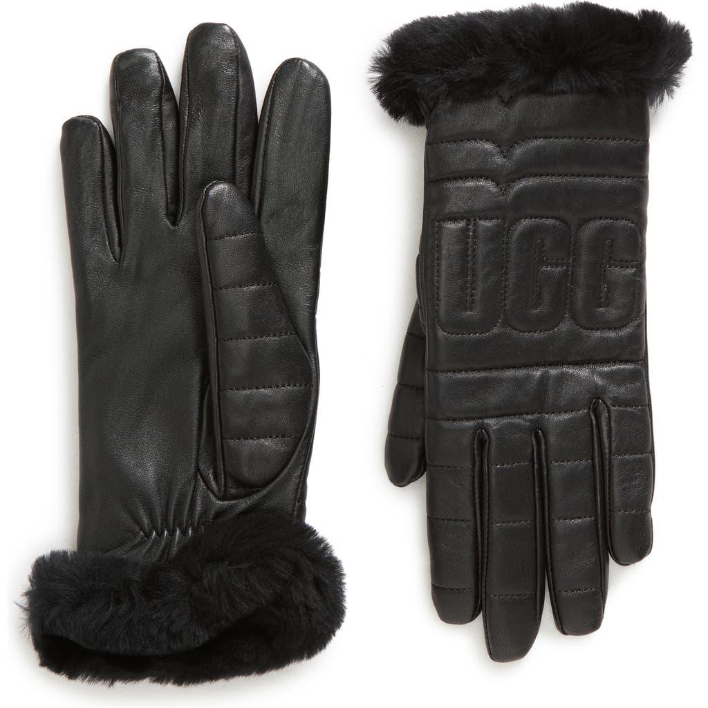 UGG Logo Quilted Leather & Genuine Shearling Gloves in Black | Lyst