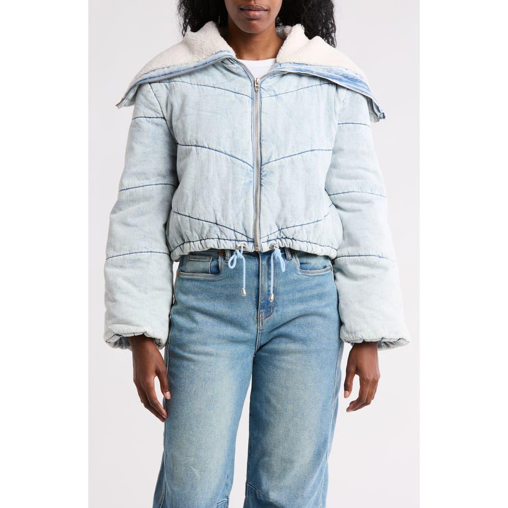 Blank NYC Denim Puffer Jacket With Faux-Shearling Trim in Blue | Lyst