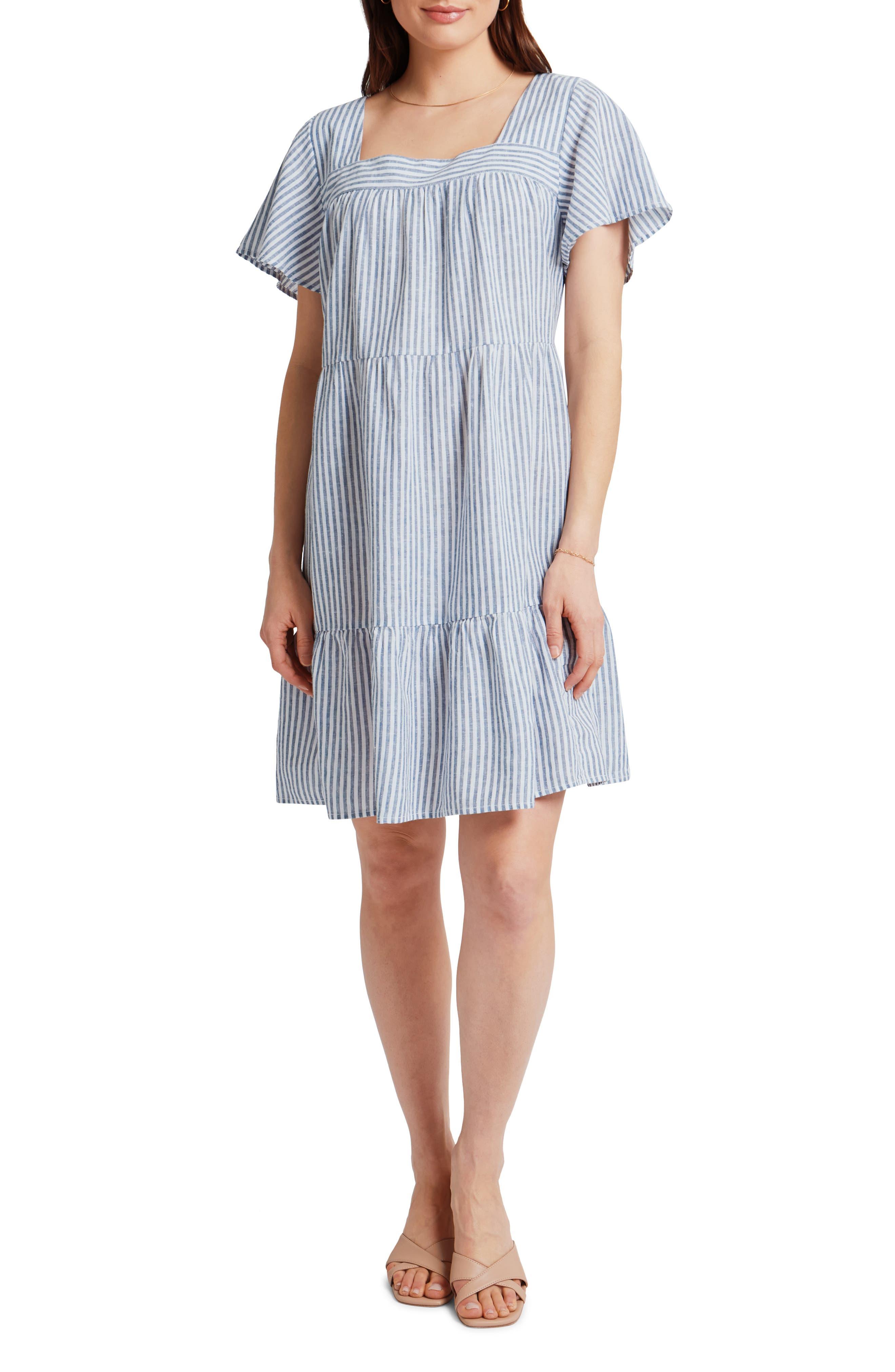 Beach Lunch Lounge Scarlett Flutter Sleeve Linen And Cotton Dress In Blue
