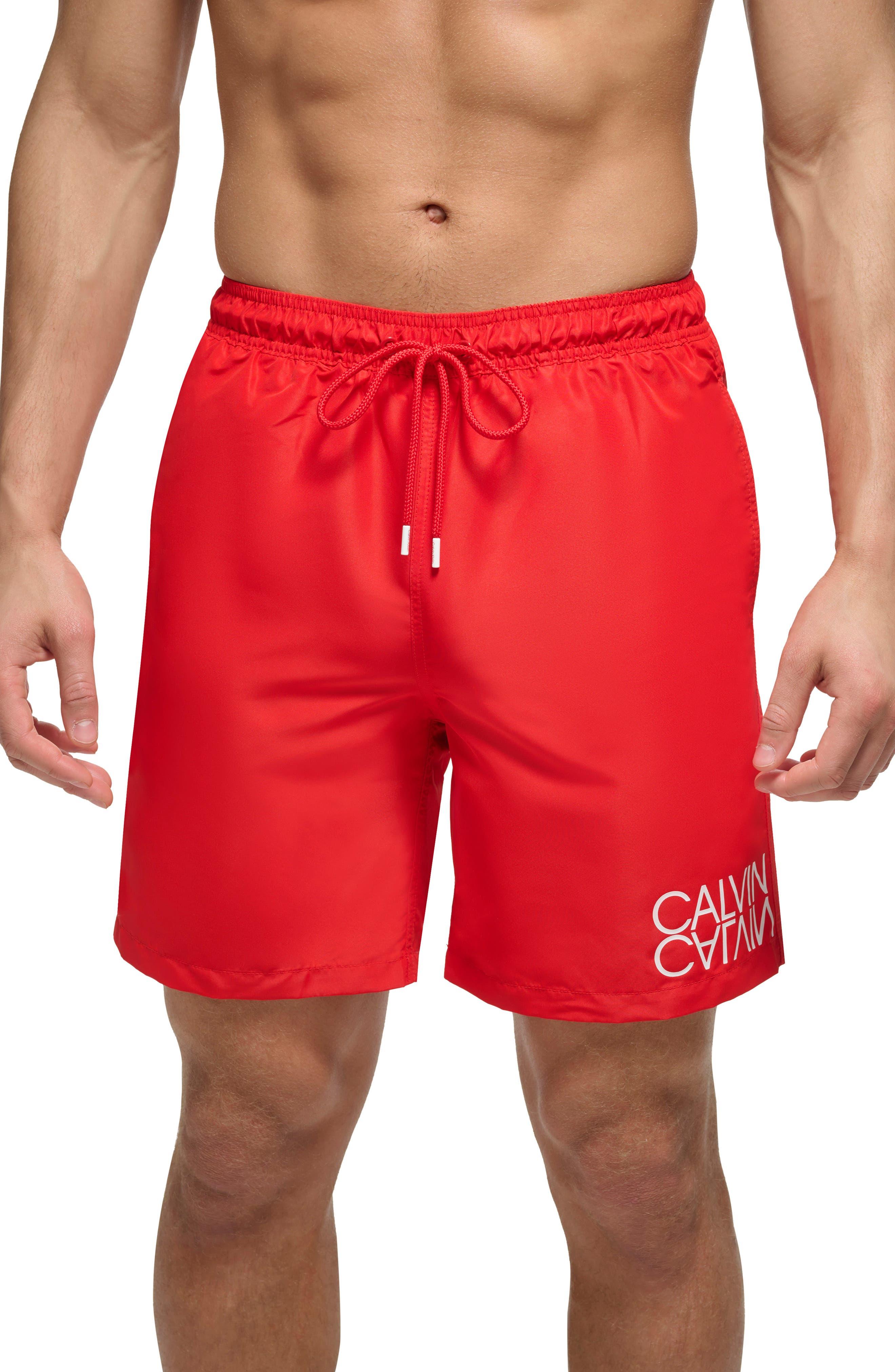 Calvin Klein Reflection Logo Upf 40 Swim Trunks In Red For Men Lyst